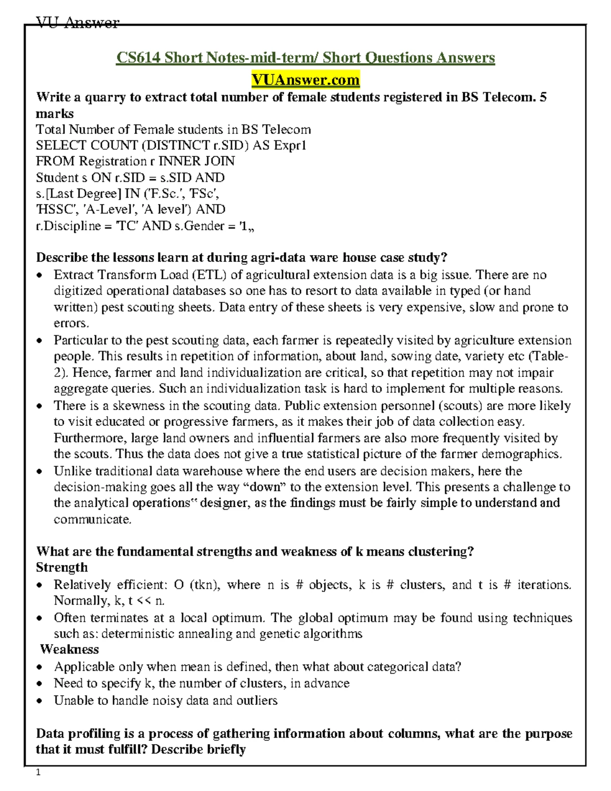 CS614 Midterm Study Guide: Data Warehousing Lectures Overview - Studocu