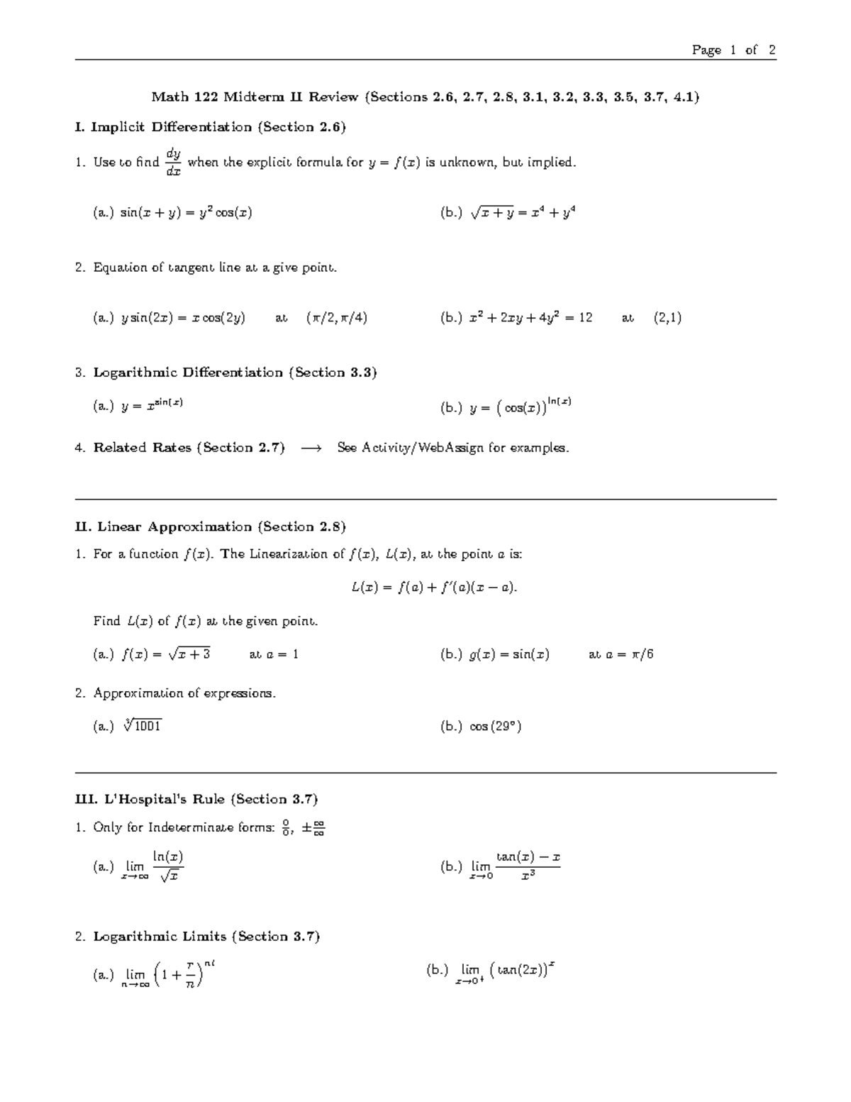 Math 122 Midterm II Review: Implicit & Logarithmic Differentiation ...