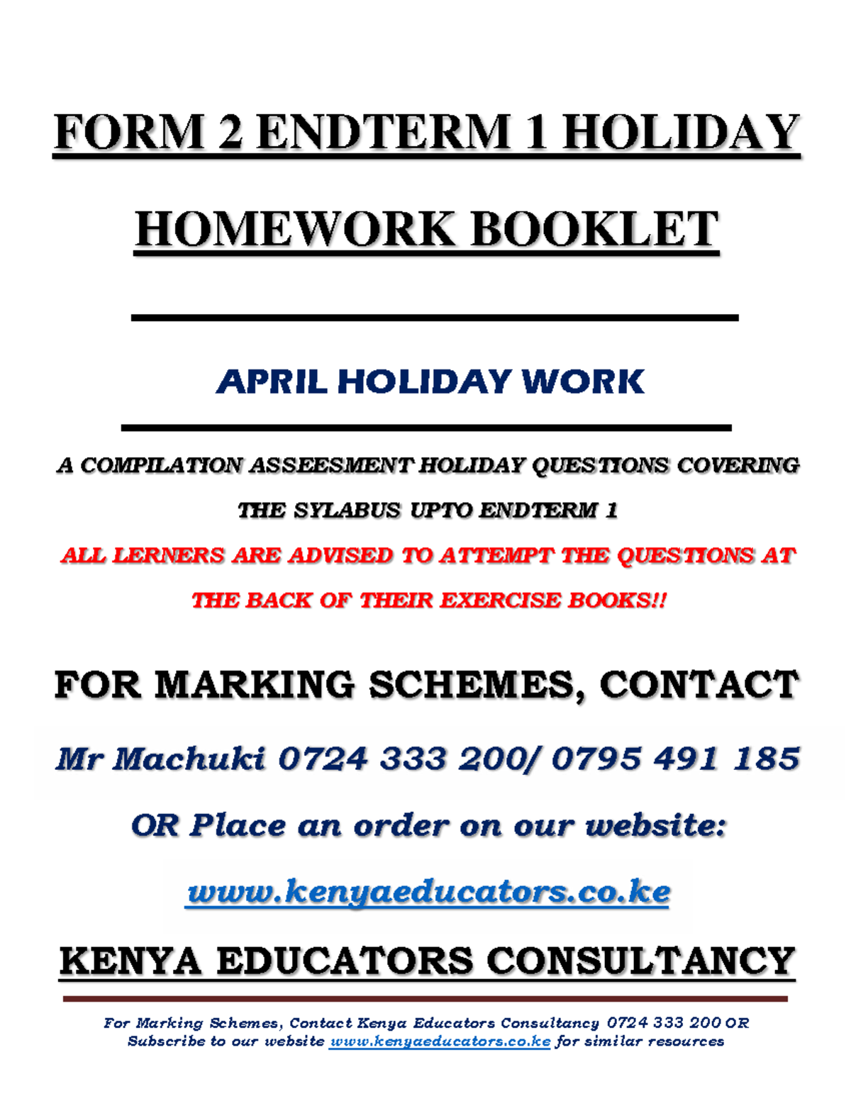 FORM 2 ENDTERM 1 HOLIDAY ASSIGNMENT BOOKLET - AGRICULTURE, BIOLOGY ...