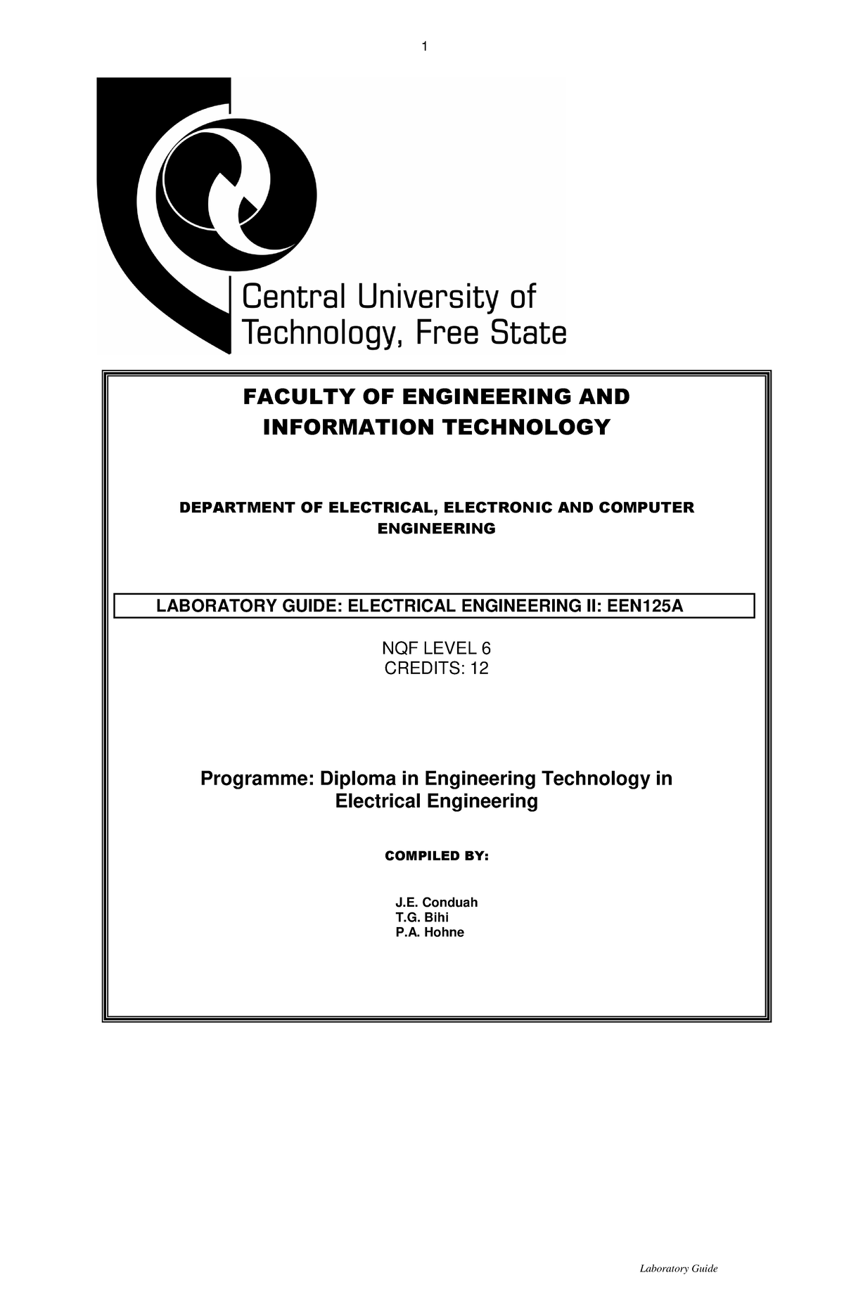 Laboratory Guide for Electrical Engineering II: EEN125A Practical Work ...