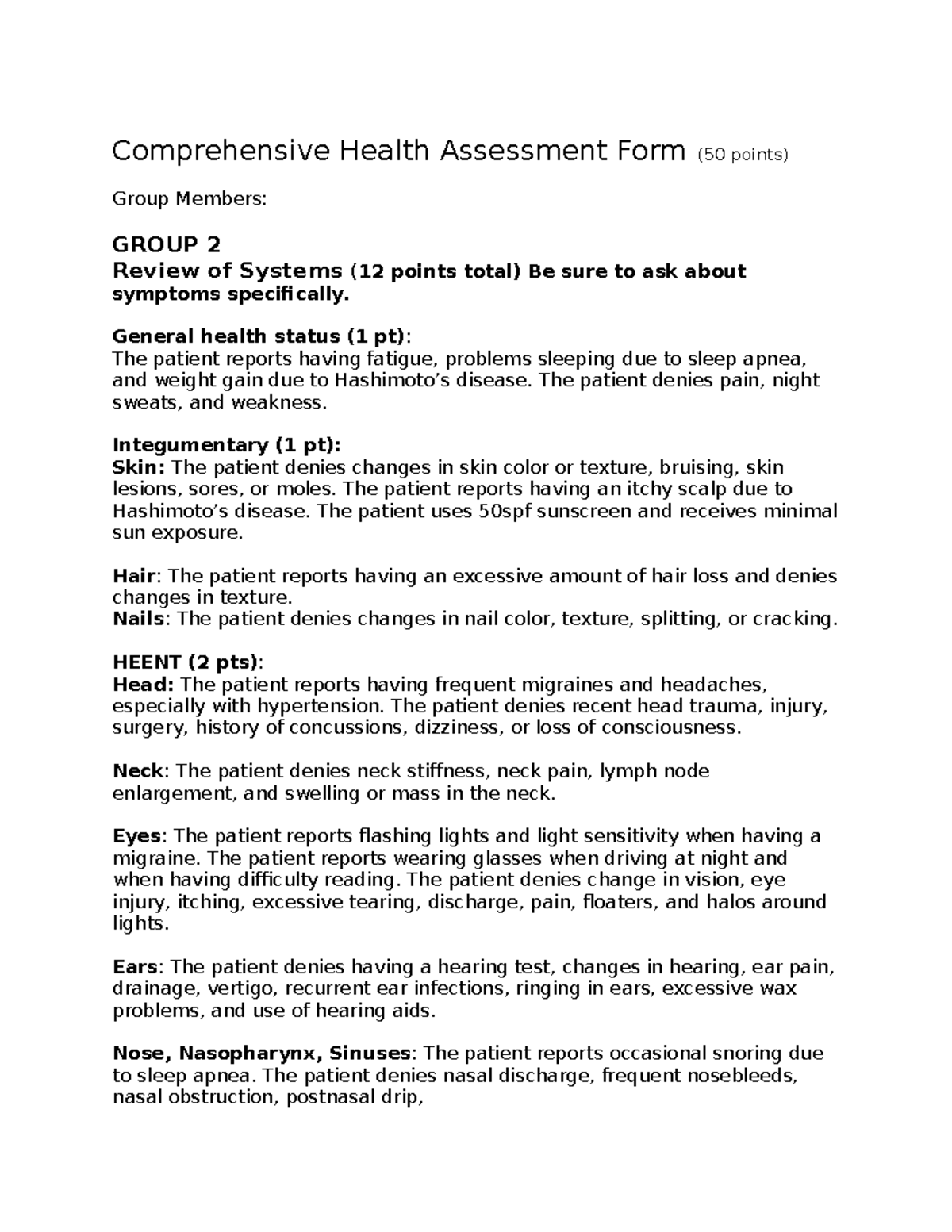 Comprehensive Health Assessment Form - General health status (1 pt ...