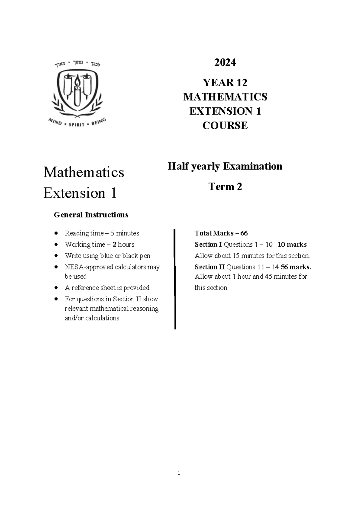 2024 HSC Mathematics Extension 1 Half-Yearly Exam Guide - Studocu