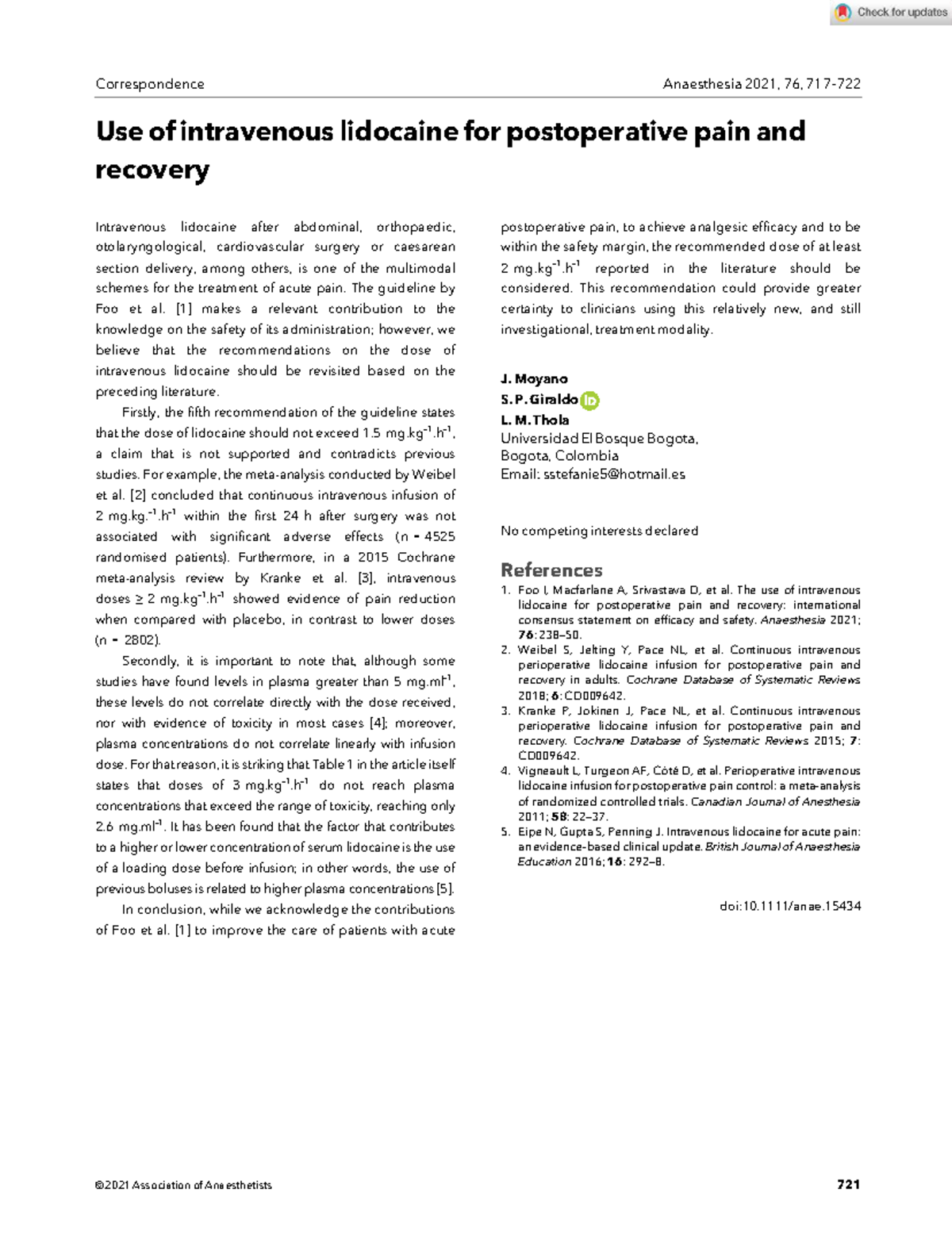 Anaesthesia 2021: Intravenous Lidocaine for Postoperative Pain Management - Studocu