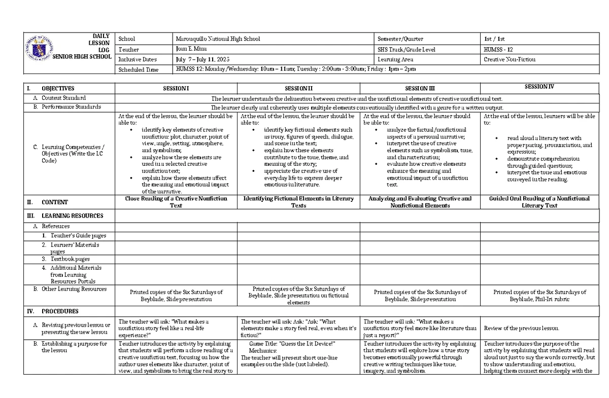 DAILY LESSON LOG HUMSS 12: Literary Elements & Techniques (June 30 ...