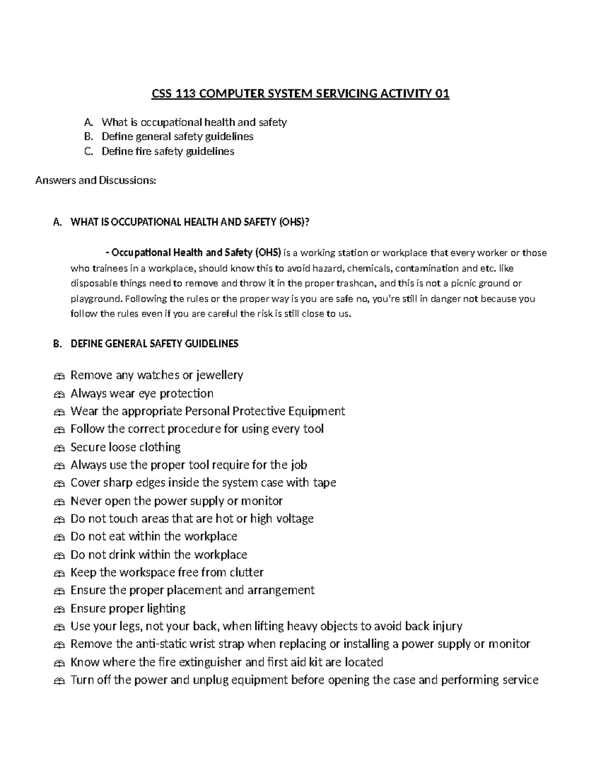 Occupational Health & Safety Guidelines in CSS 113 Activity - Studocu