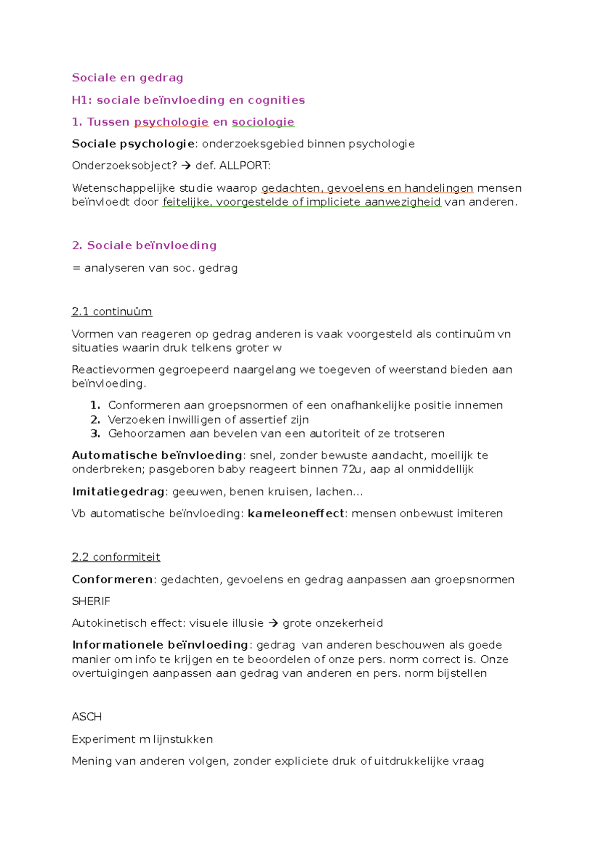 2425-Samenvatting H1: Sociale Beïnvloeding en Cognities in Psychologie ...