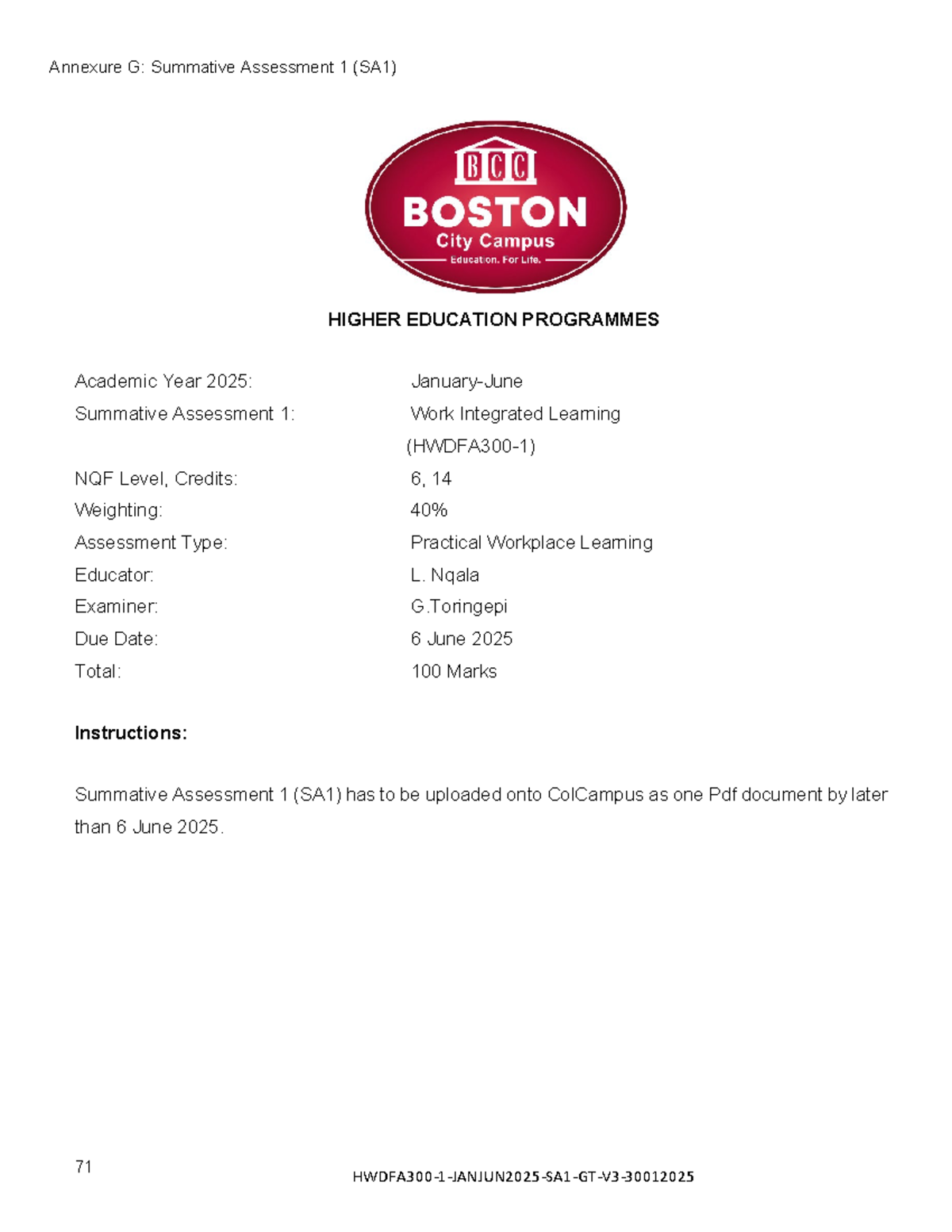 HWDFA300: Summative Assessment 1 (SA1) for Work Integrated Learning ...
