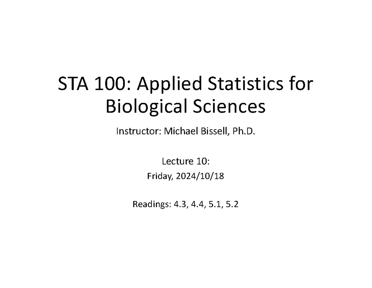 STA 100 Lecture 10: Central Limit Theorem & Normal Distribution Summary ...