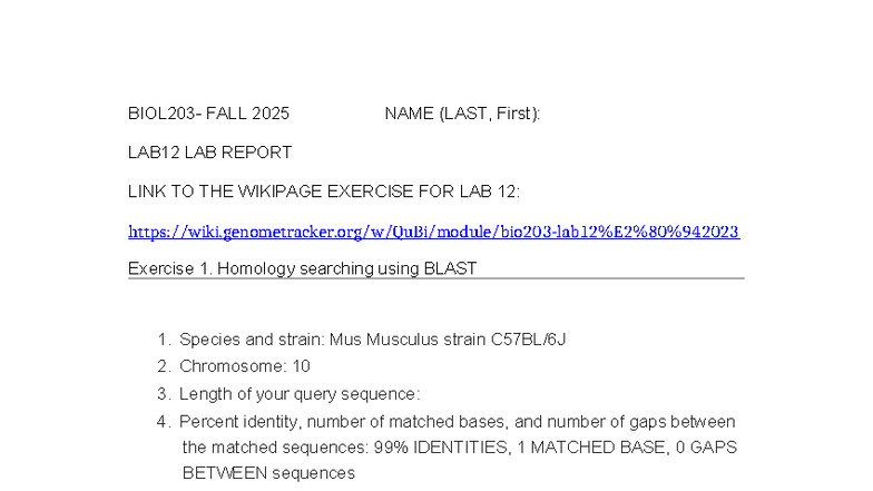 BIOL203 LAB12: Homology Searching & Gene Structure Analysis - Studocu