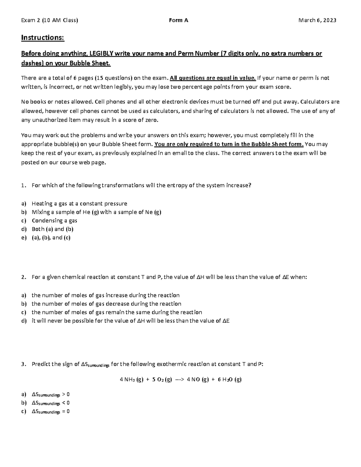Exam 2 Sample (Blank Version) - 10 AM Class - March 6, 2023 - Studocu