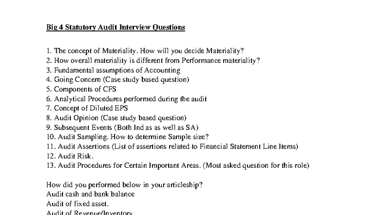 Big 4 Statutory Audit Interview Questions & Key Concepts - Studocu