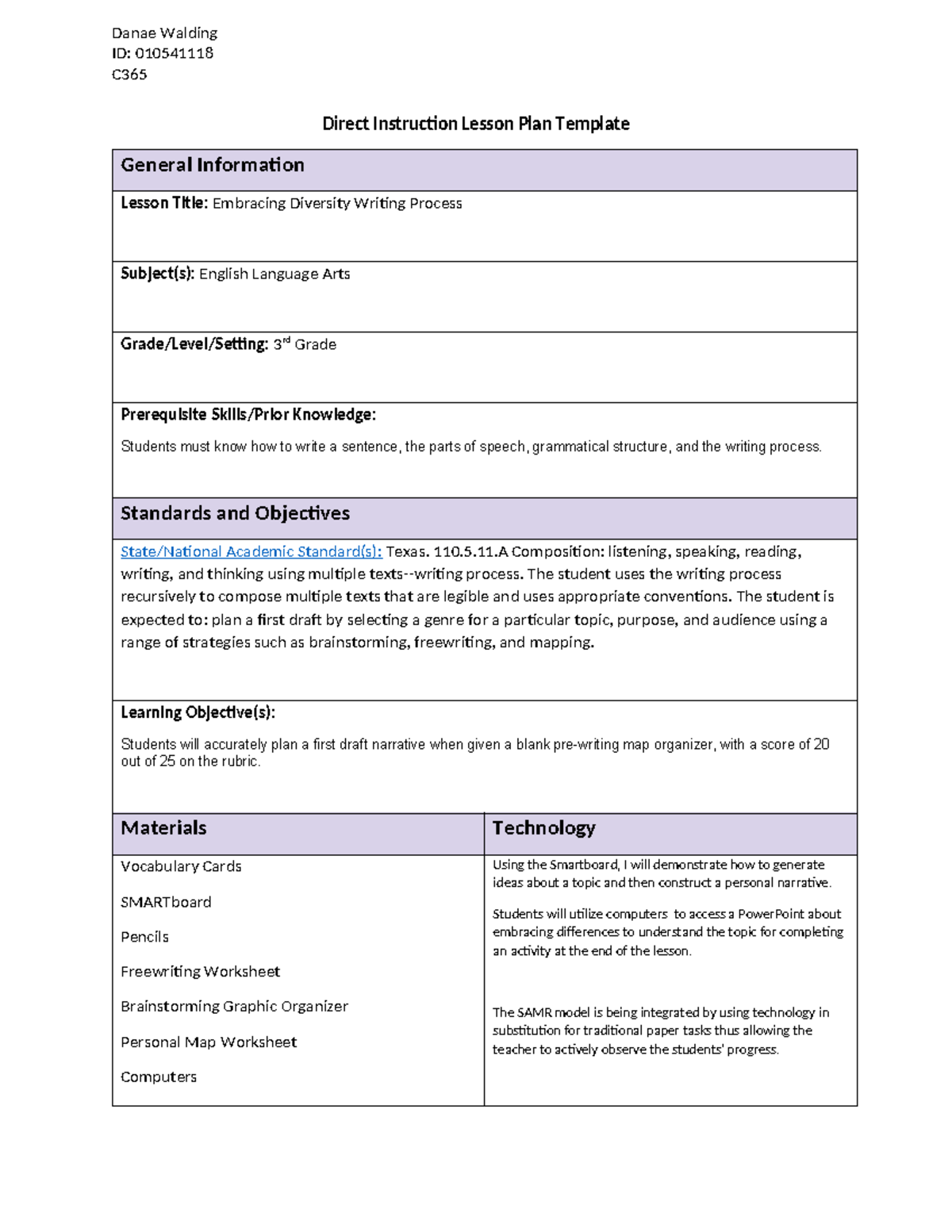 C365 task1 - Passed - ID: 010541118 C Direct Instruction Lesson Plan Template General ...