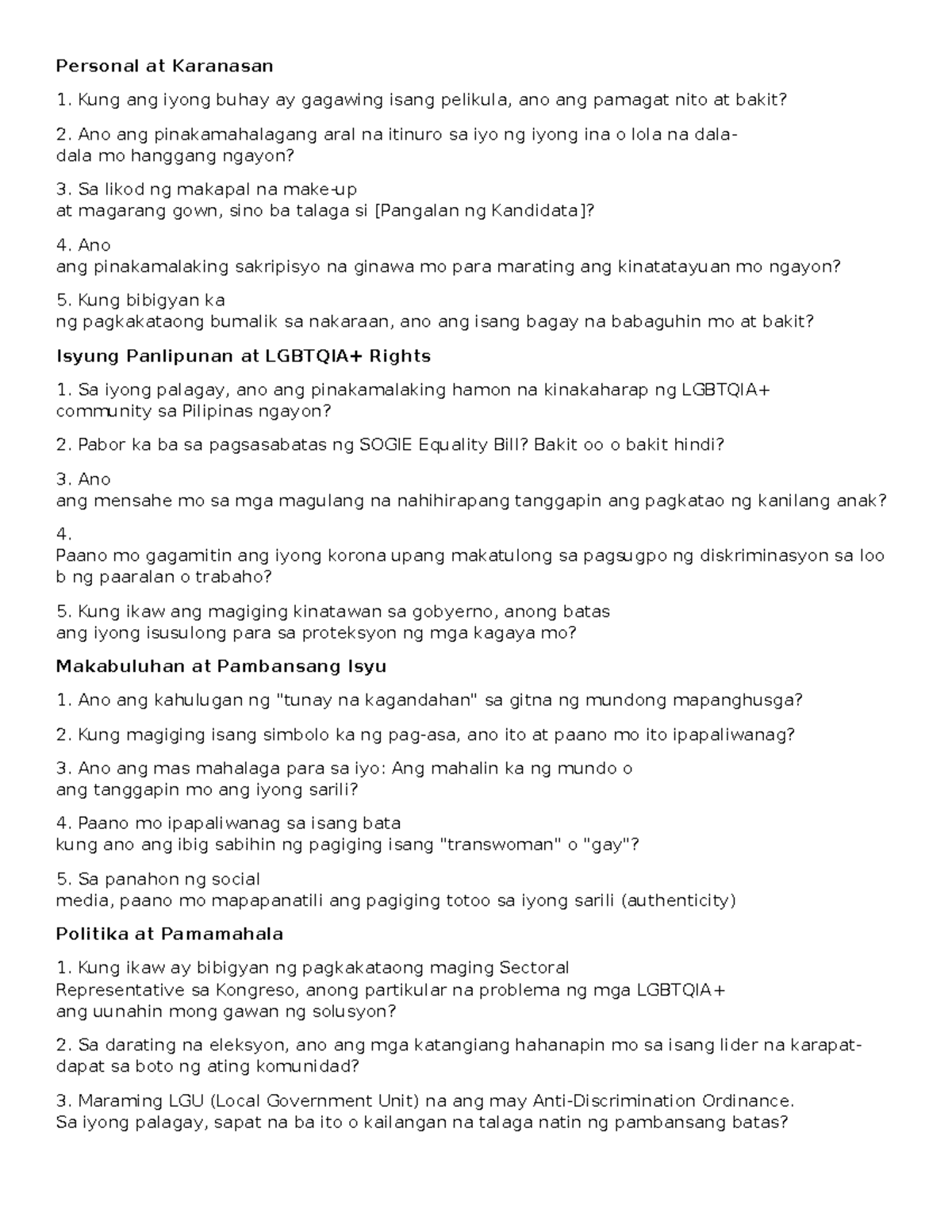 MGA Tanong para sa Miss Gay 2026: Personal, Isyung Panlipunan, at ...