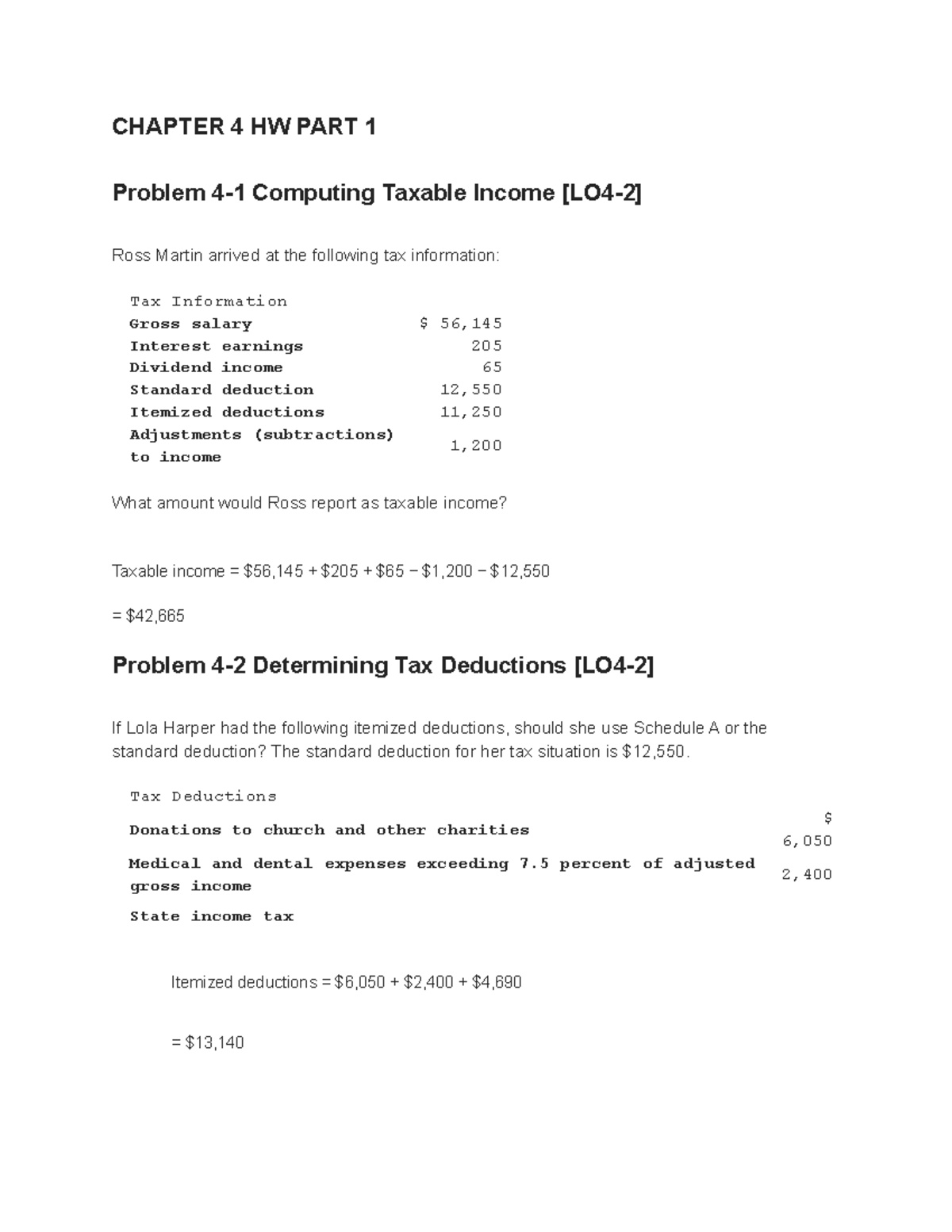 Personal Finance CH 4 HW Part 1 - Taxable Income Calculations - Studocu