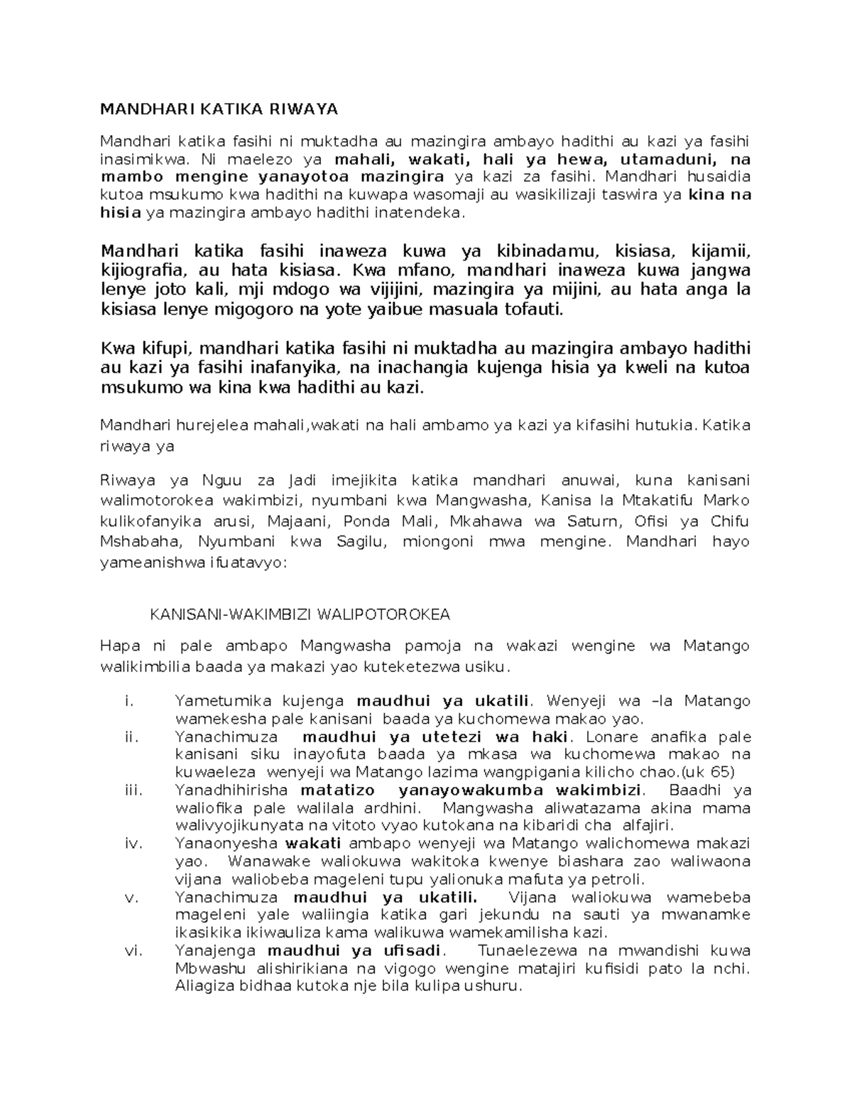 Mandhari Katika Riwaya (Kisomo: Fasihi na Uandishi) - Studocu