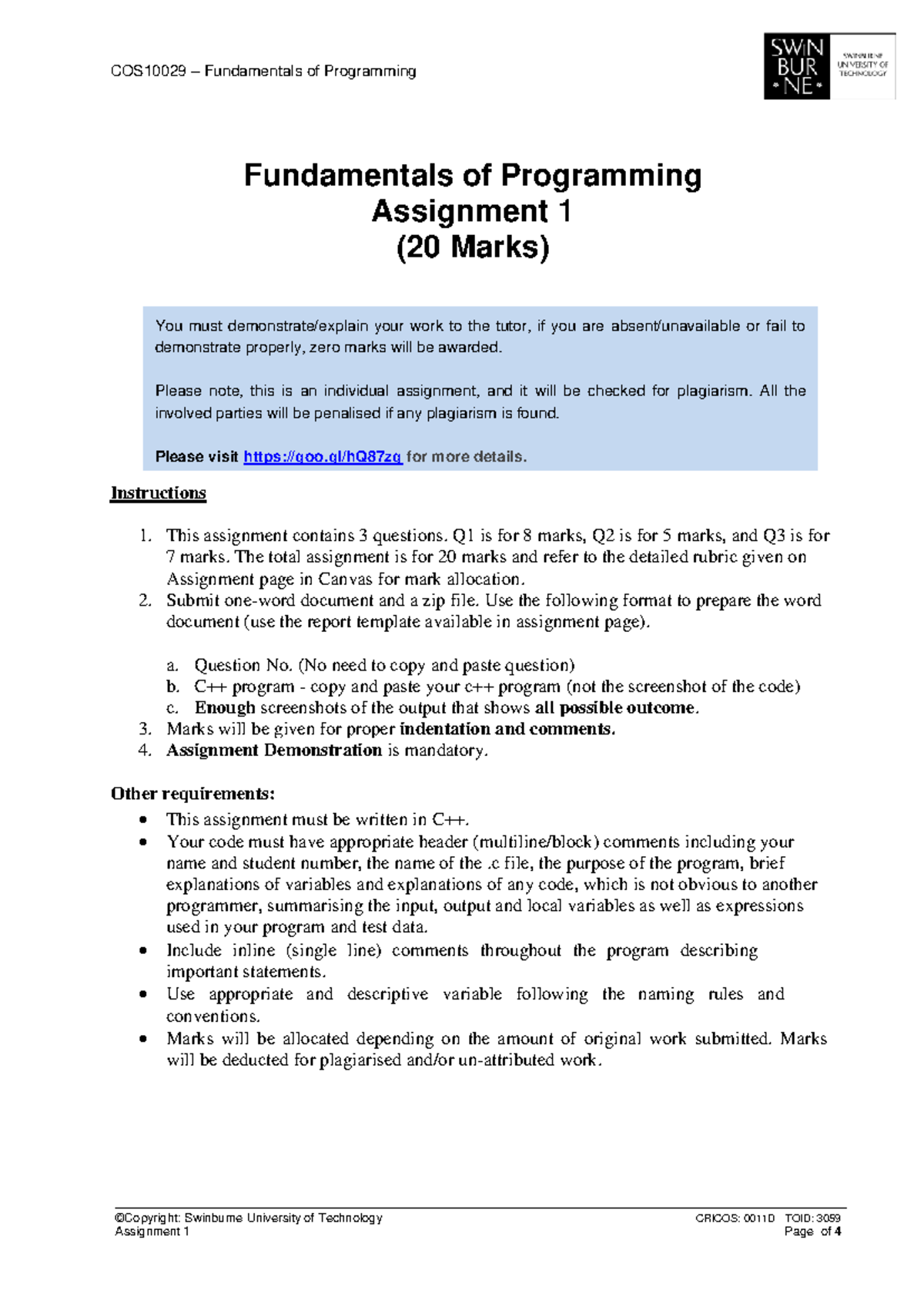 COS10029 Fundamentals of Programming Assignment 1 Guidelines - Studocu