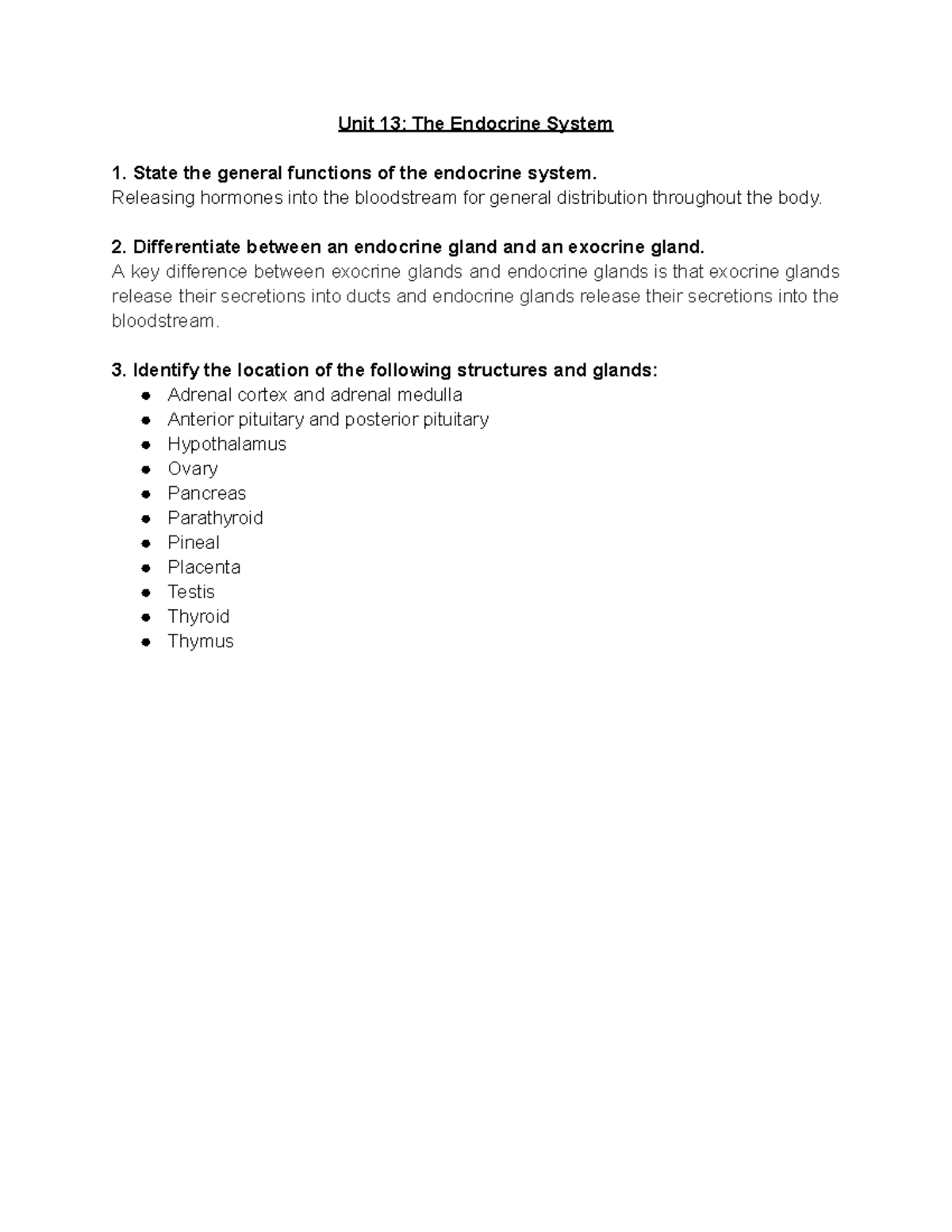 Unit 13: The Endocrine System - Unit 13: The Endocrine System State the ...