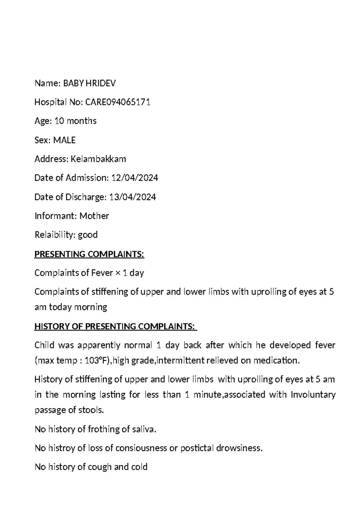 BA HRIDEV Hospital Case Study: Febrile Seizure in a 10-Month-Old - Studocu