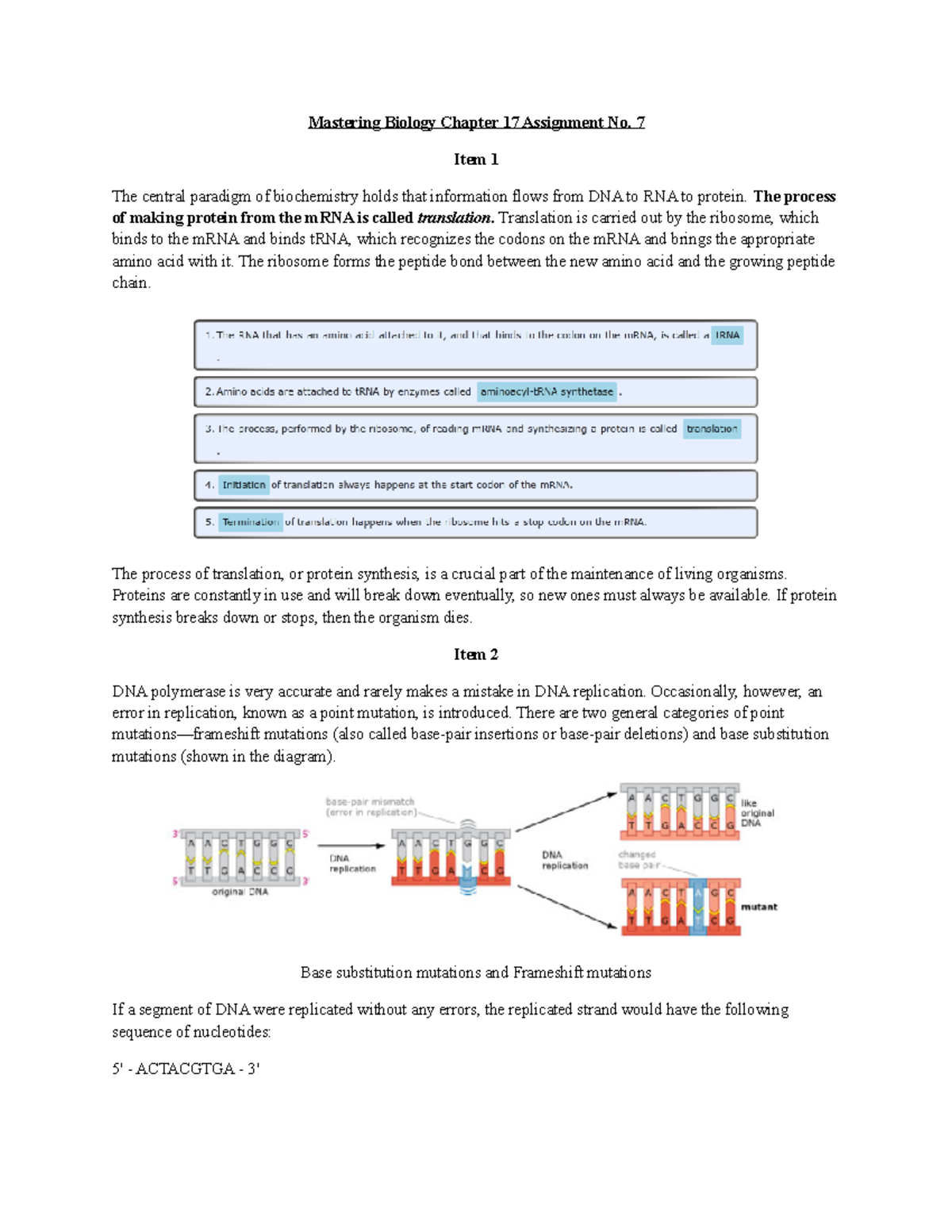 Mastering Biology Chapter 17 Assignment No. 7: Protein Synthesis ...