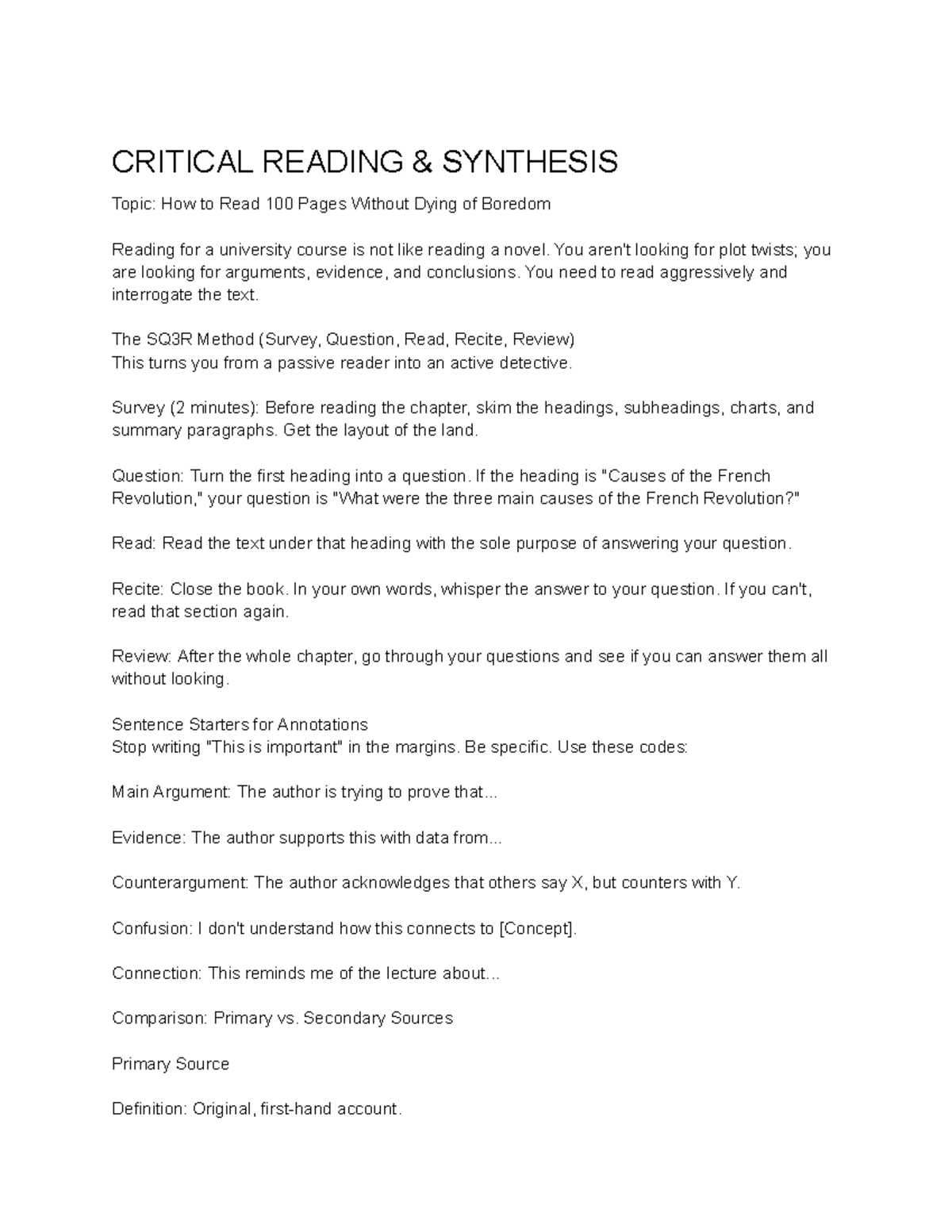 CRITICAL READING & SYNTHESIS: Engaging with Texts Effectively - Studocu