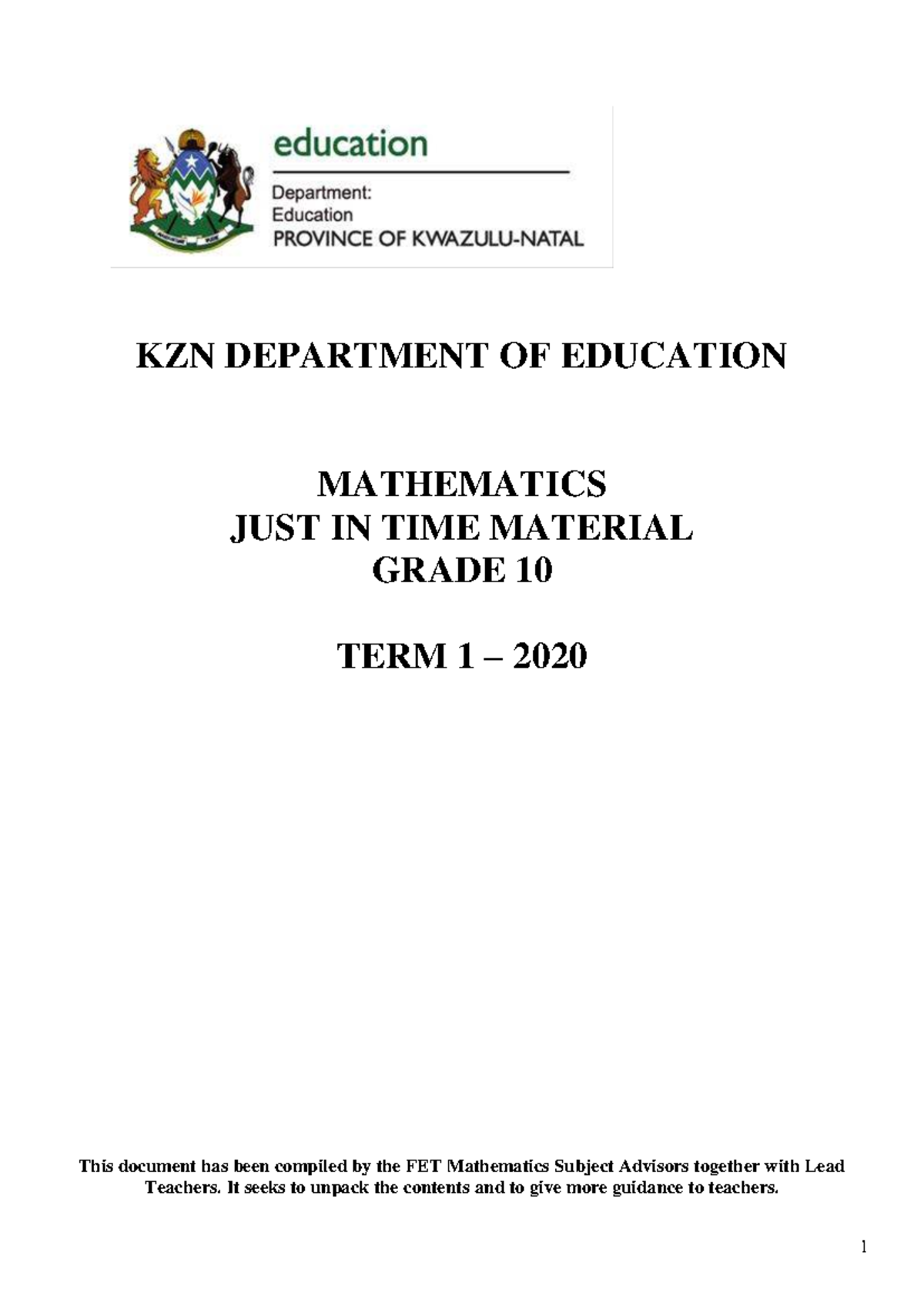 KZN Gr. 10 Math Just in Time Material Term 1 2020 - Studocu