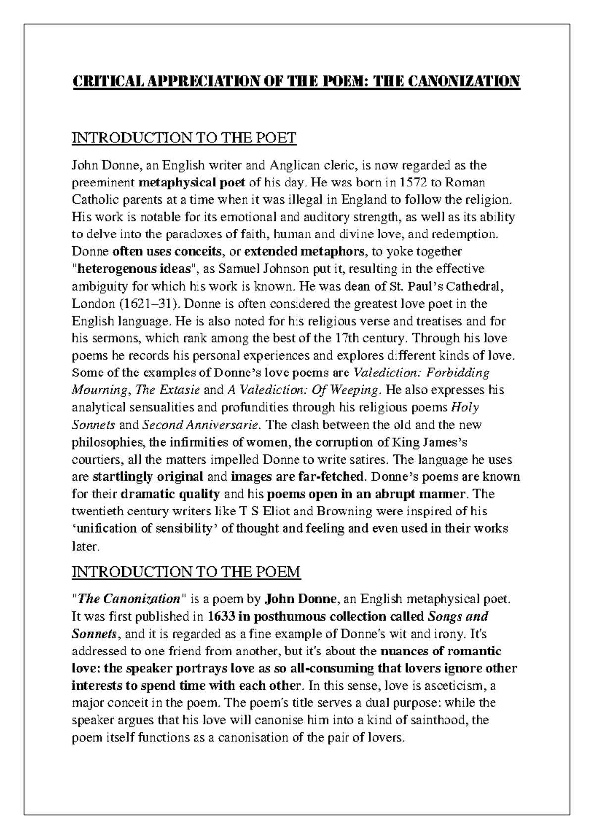 Critical Analysis of John Donne's "The Canonization" (ENGL 101) - Studocu