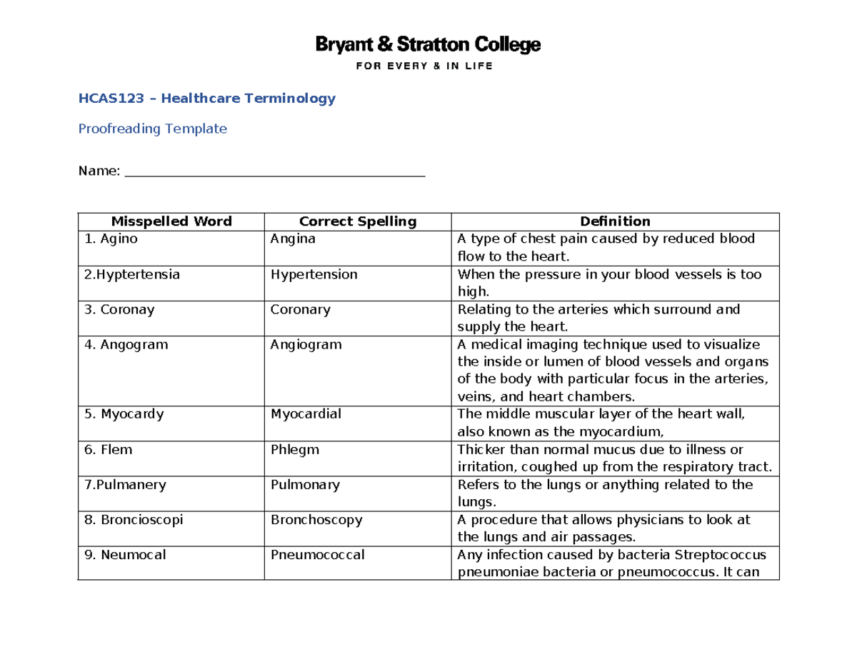 Hcas123 Proofreading Template 2 Week 4 Hcas123 Healthcare Terminology Proofreading