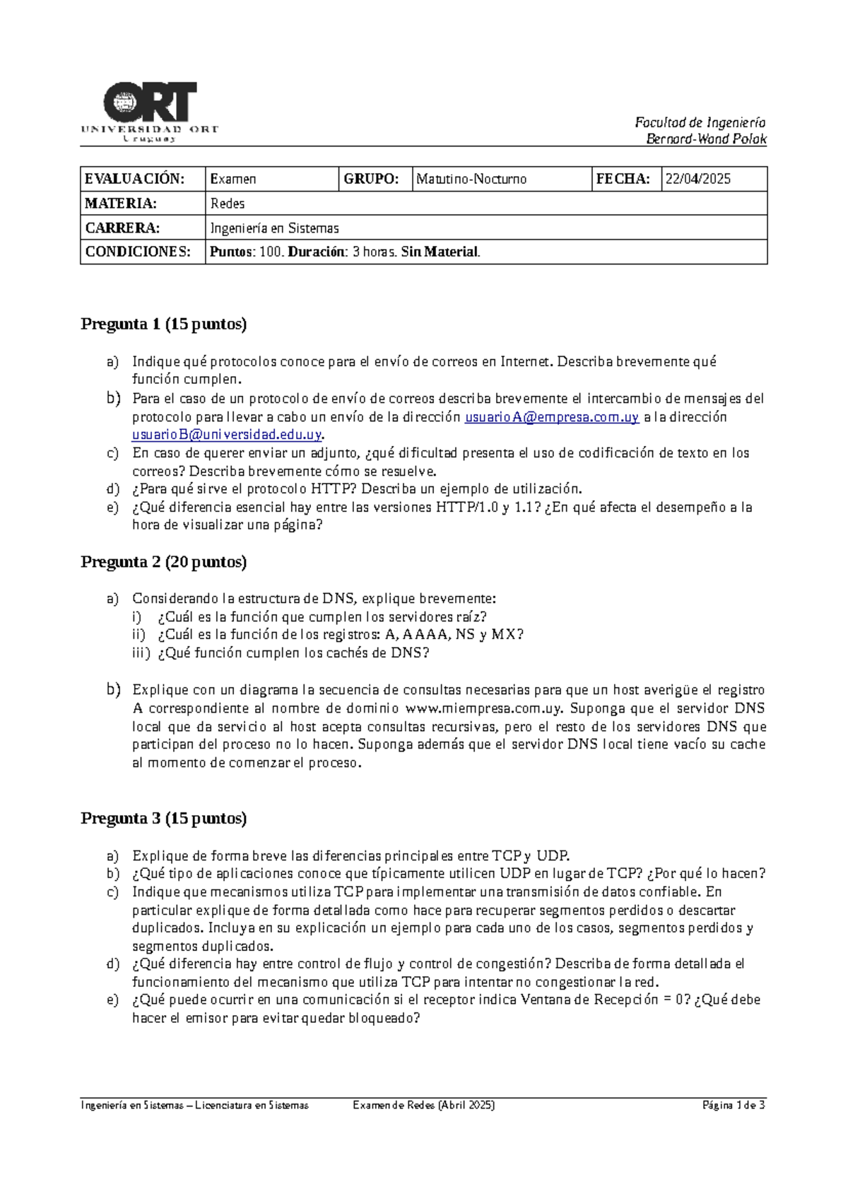 Examen de Redes (Ing. en Sistemas) - Abril 2025 - Studocu