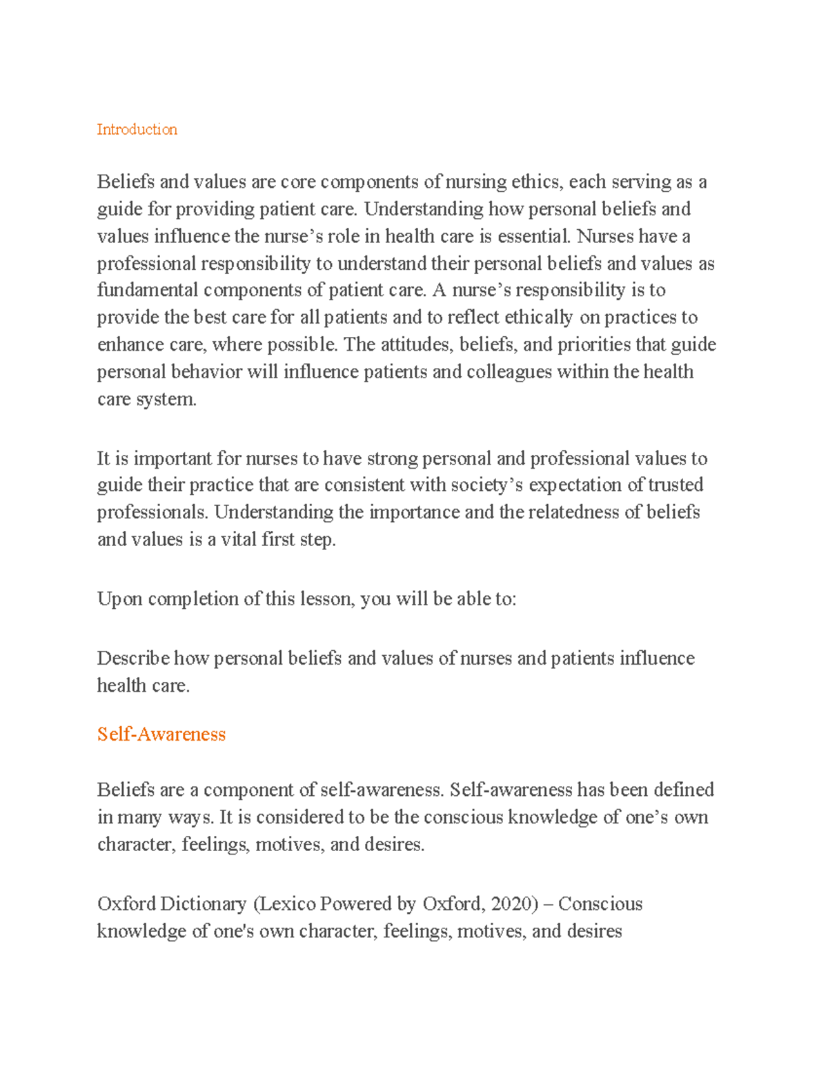Beliefs and Values in Nursing Ethics - Sherpath Week 1 - Studocu