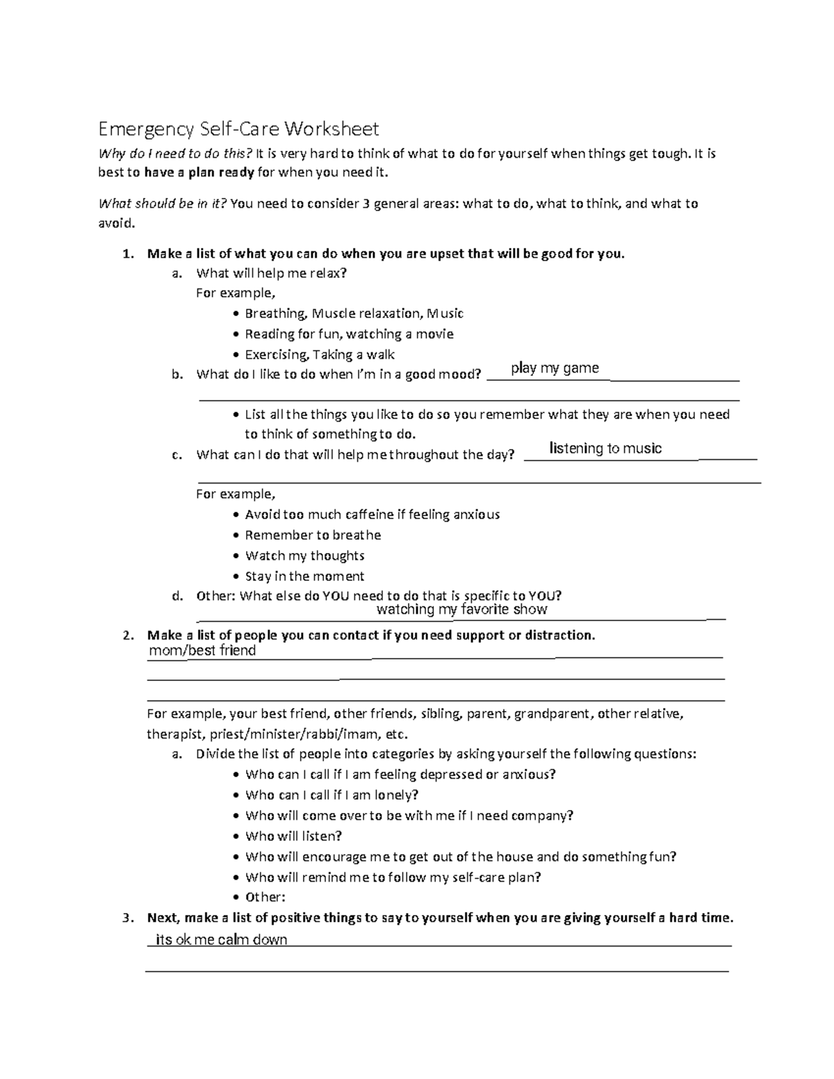 Emergency Self-Care Worksheet: Planning for Tough Times - Studocu