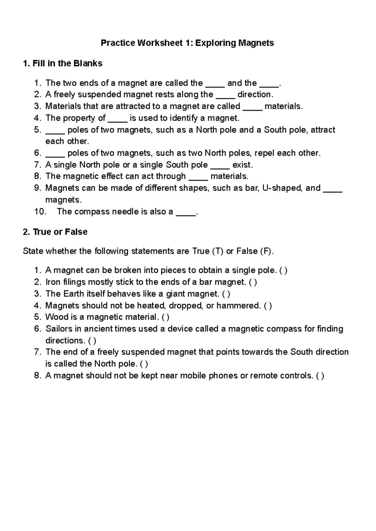 Worksheet 1: Exploring Magnets - Practice Questions and Answers - Studocu
