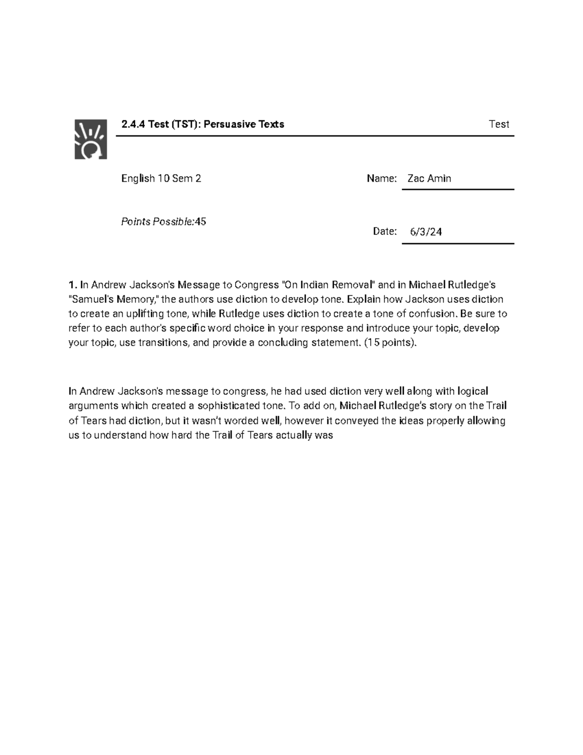 English 10 Sem 2: Persuasive Texts Test Analysis on Diction & Tone ...