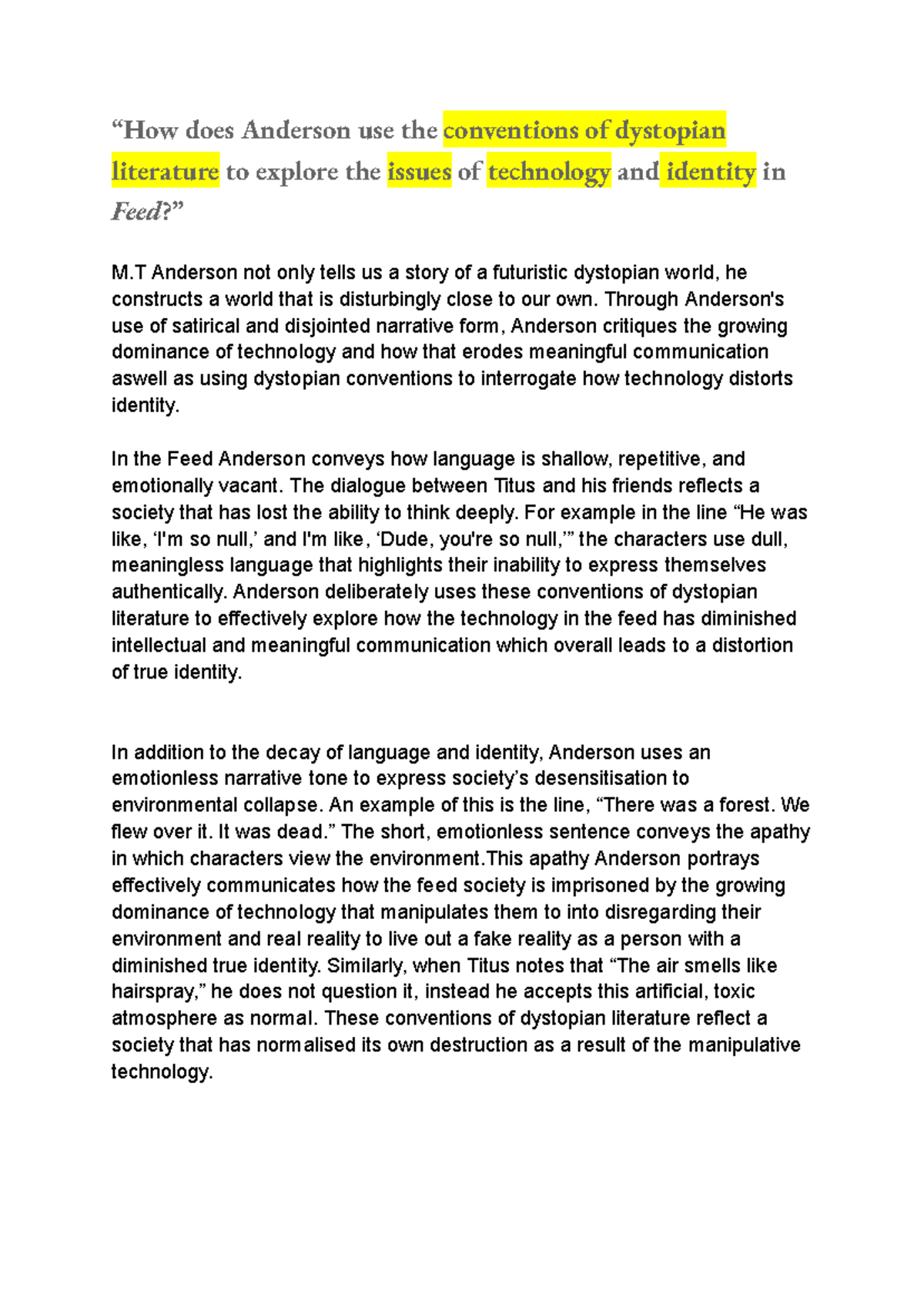 Feed Practice Essay: Dystopian Tech & Identity in M.T. Anderson - Studocu