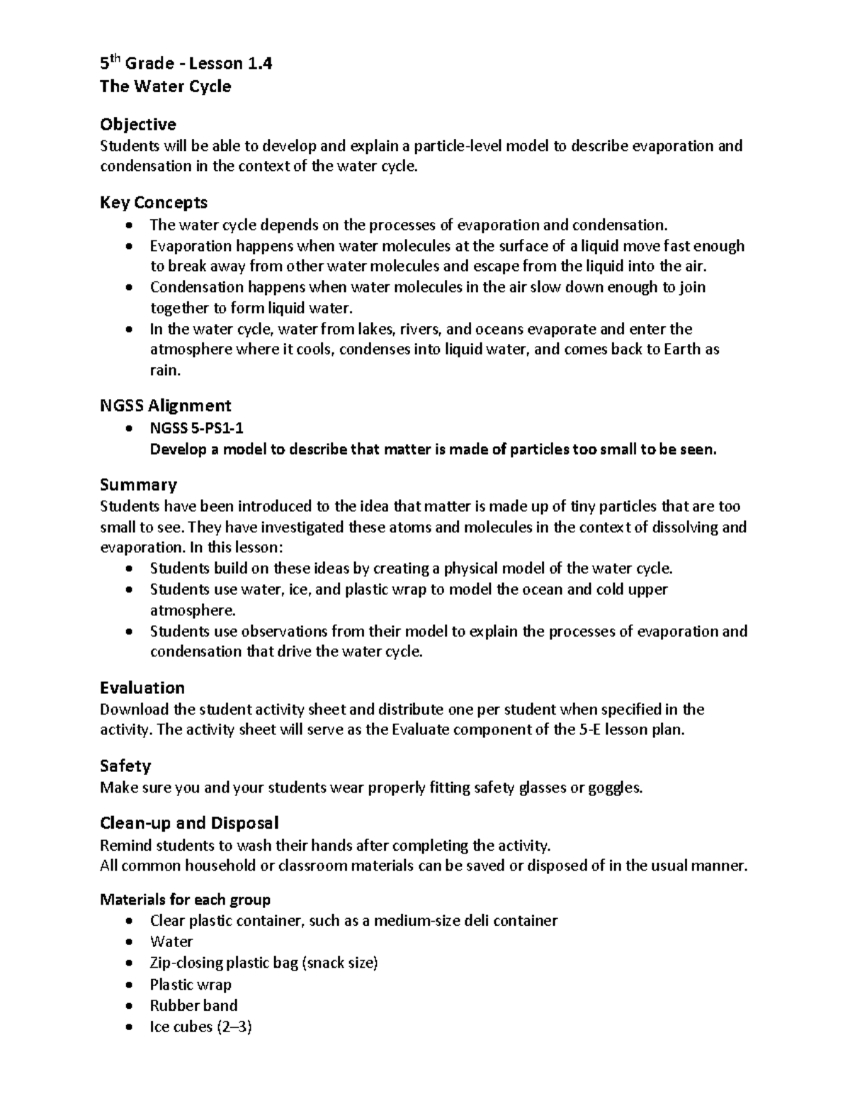 G5-L1: Engaging Lesson Plan on the Water Cycle Concepts - Studocu