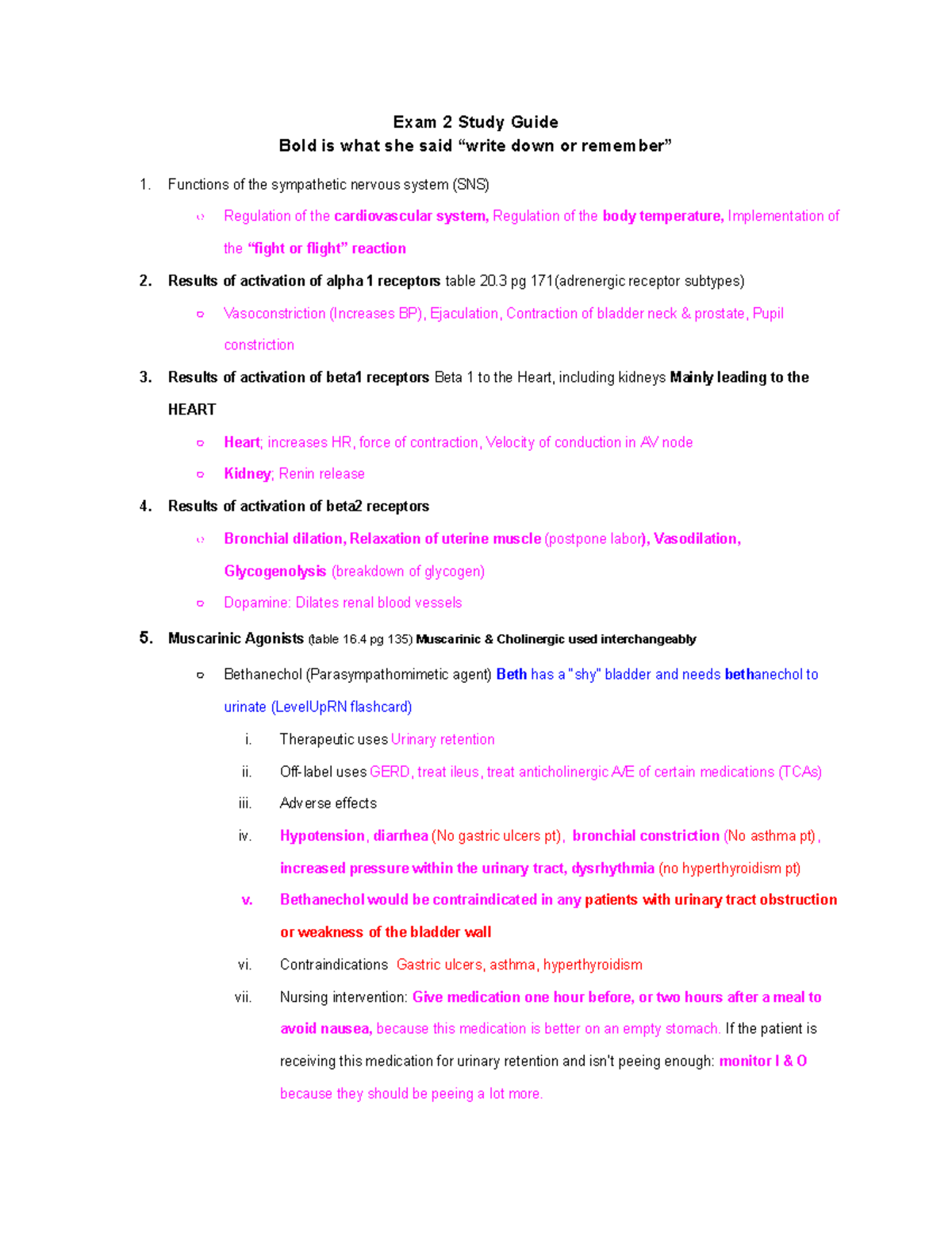 PHN 102 Exam 2 Study Guide: Sympathetic Nervous System Functions - Studocu