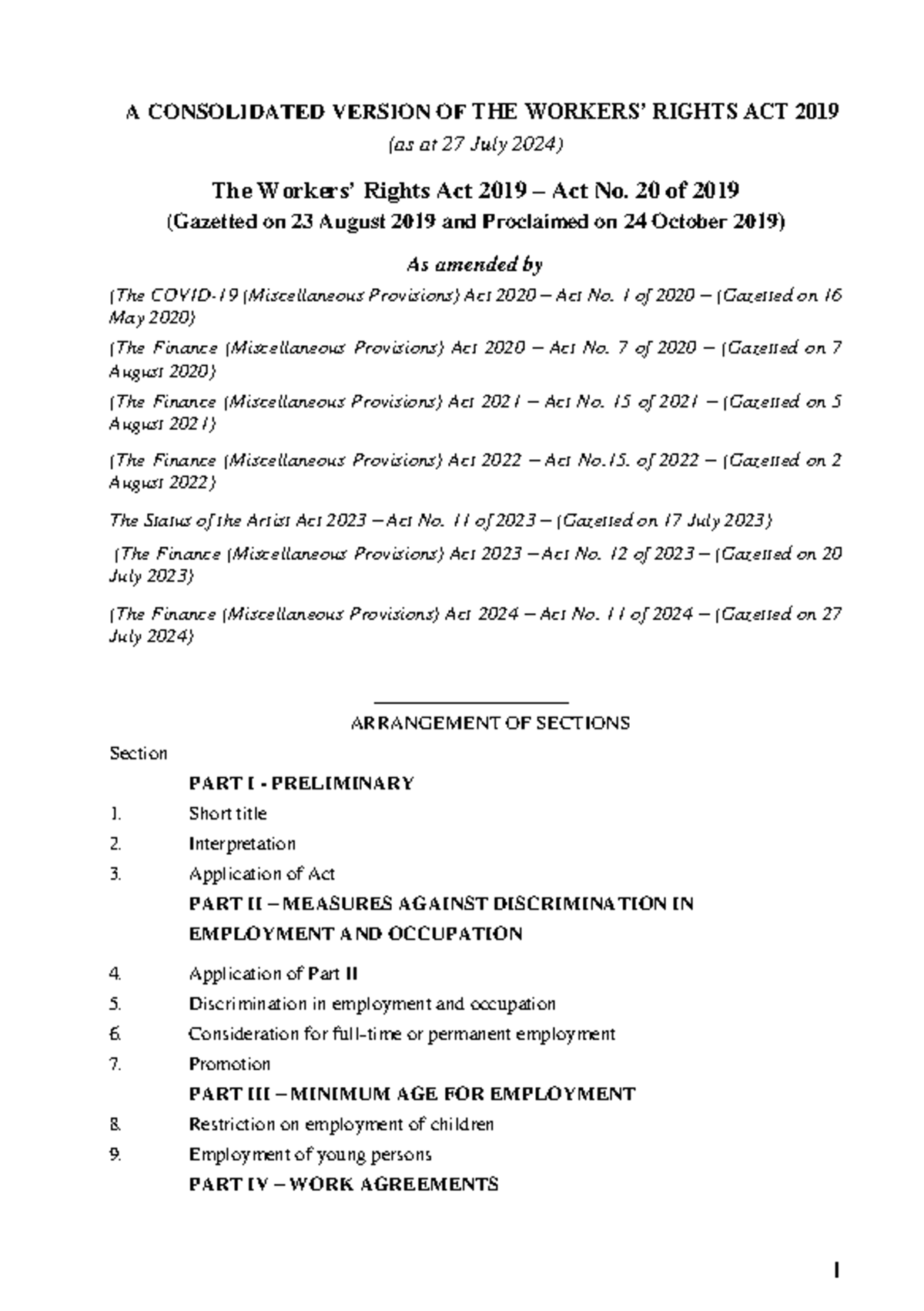A Consolidated Version of the Workers Rights Act 2019 (as of July 2024 ...