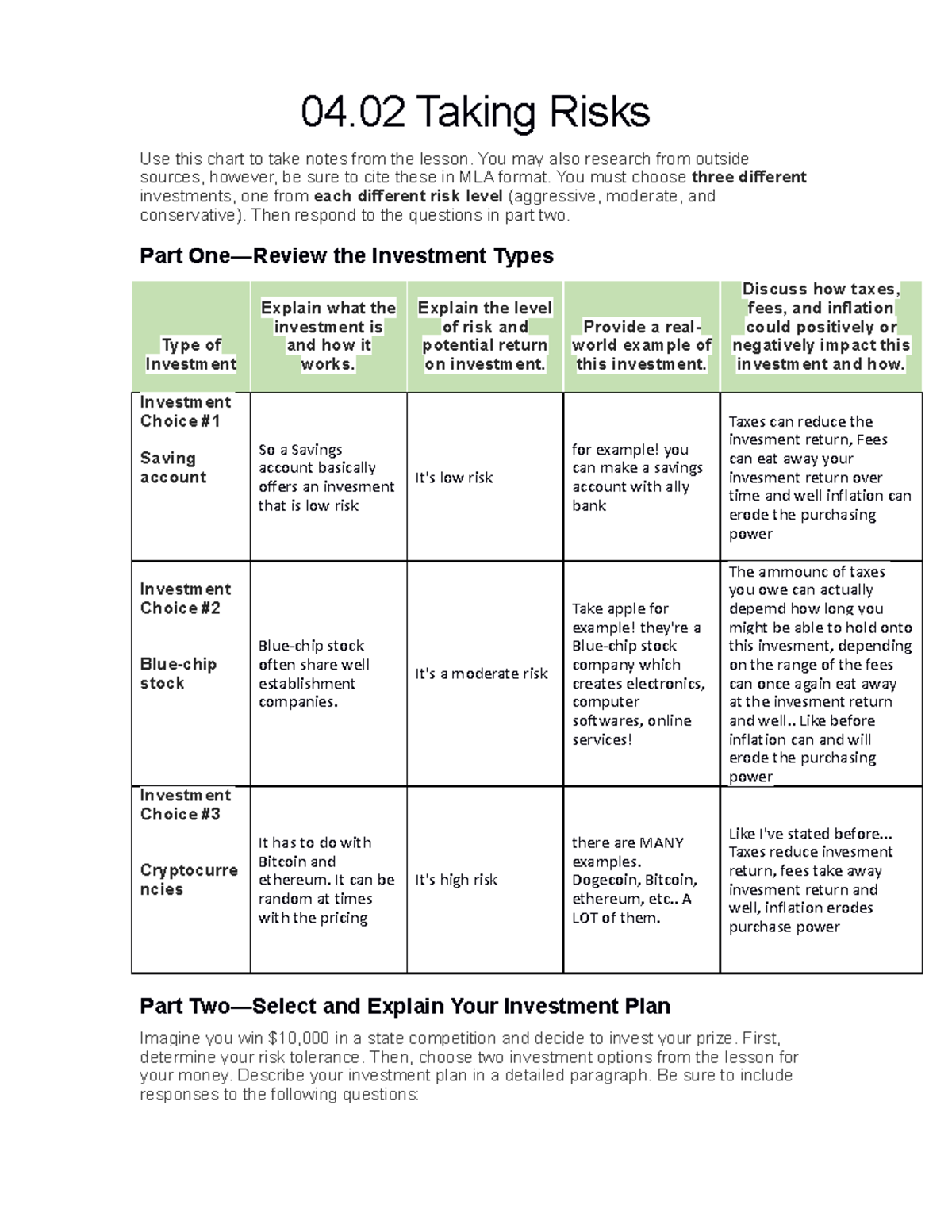 Taking risks worksheet - 04 Taking Risks Use this chart to take notes ...