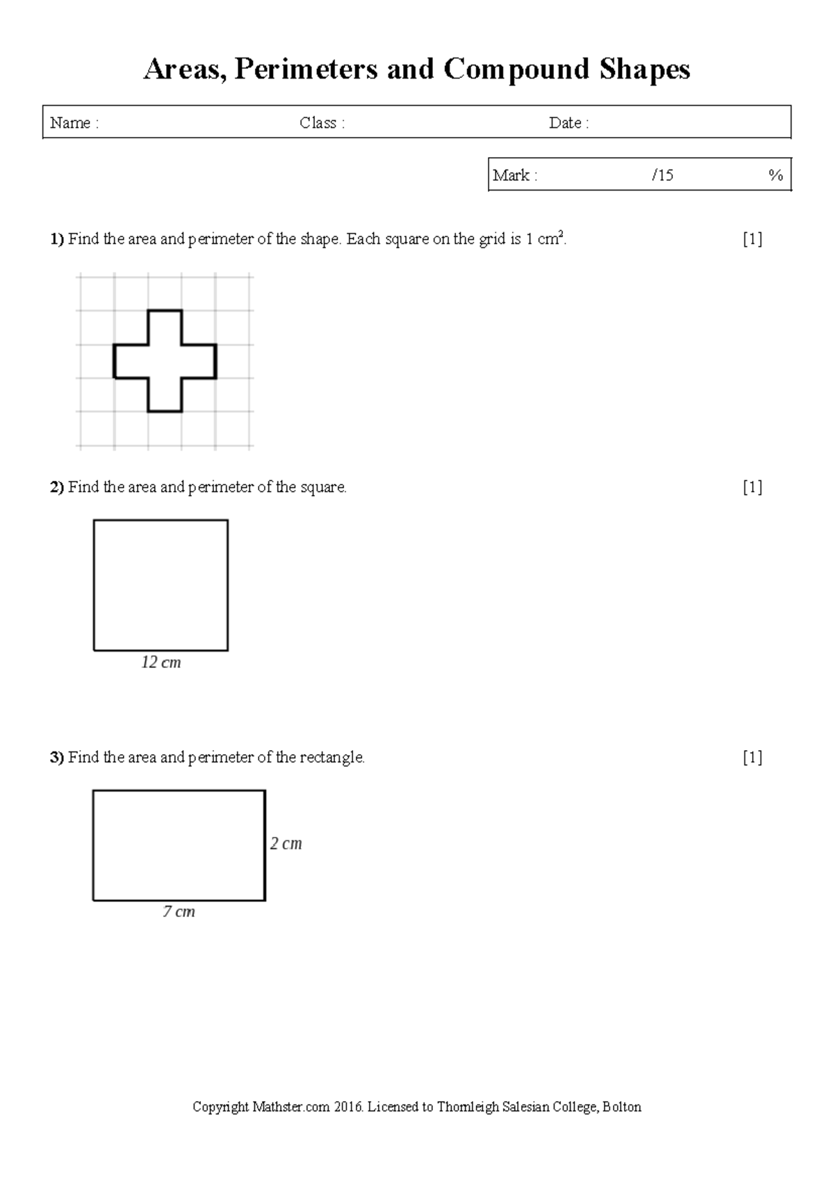 Areas, Perimeters and Compound Shapes - 2 - Areas, Perimeters and ...