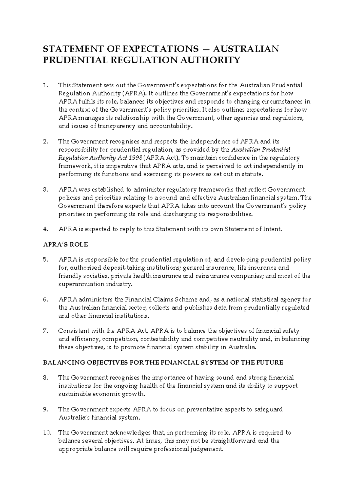 APRA Statement of Expectations: Government's Prudential Regulation ...
