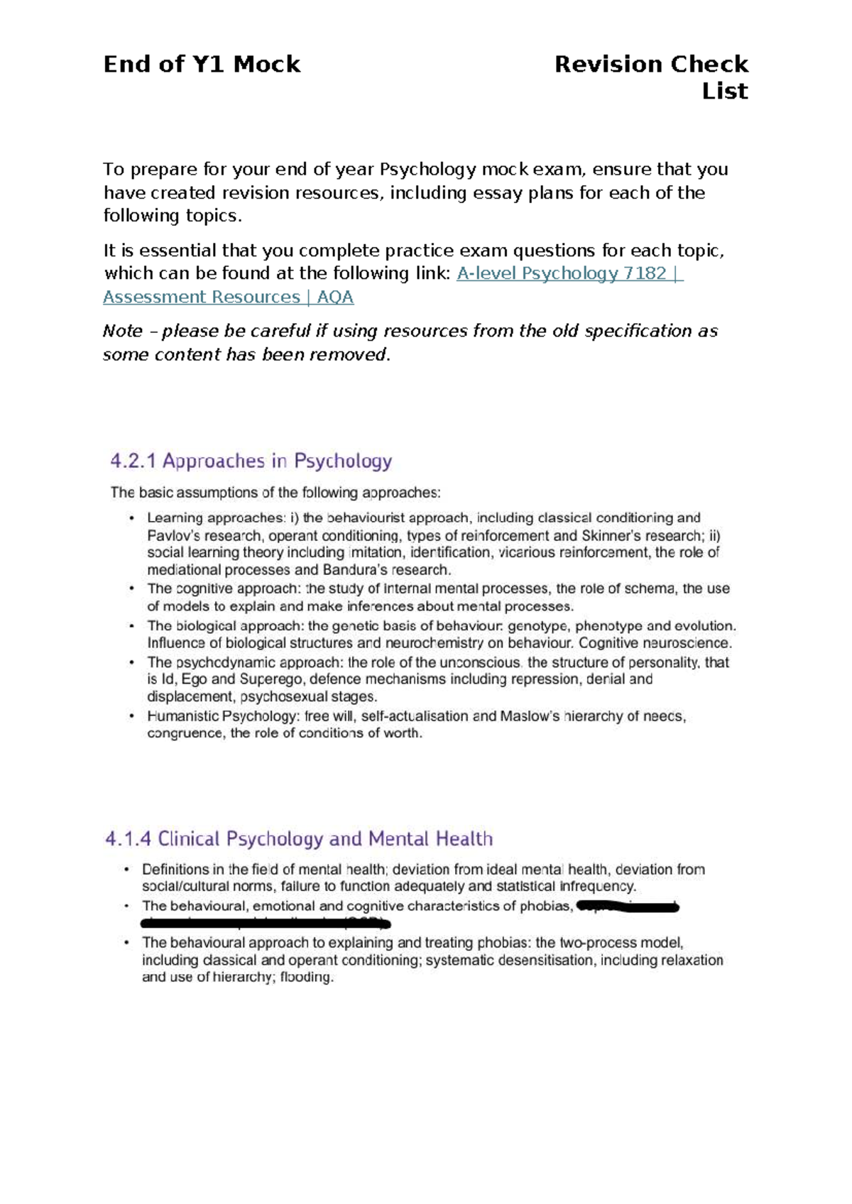KA4 Y1 Revision Checklist - End of Y1 Mock Revision Check List To ...