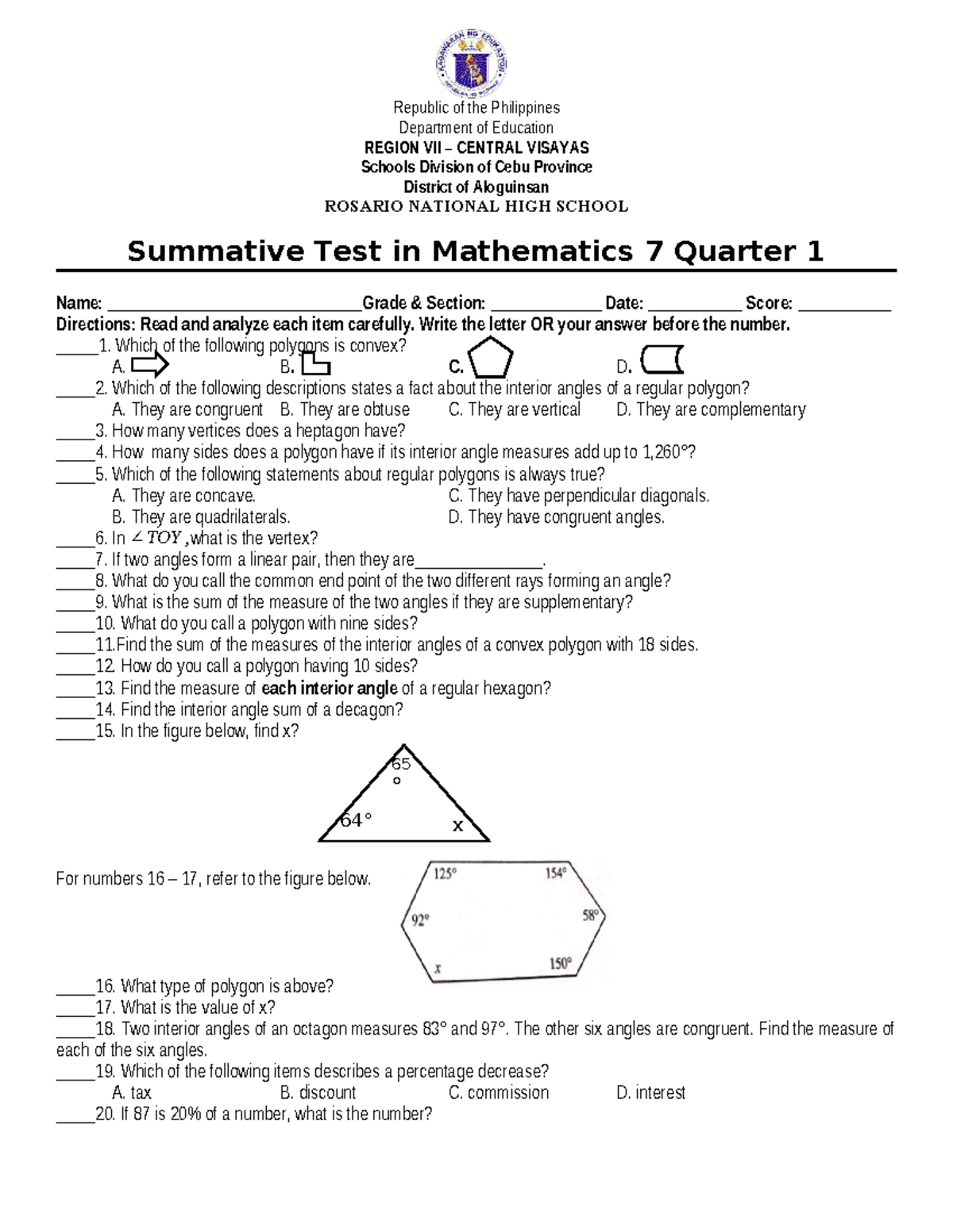 MATH 7 Summative Exam: Geometry & Polygons Concepts - Studocu