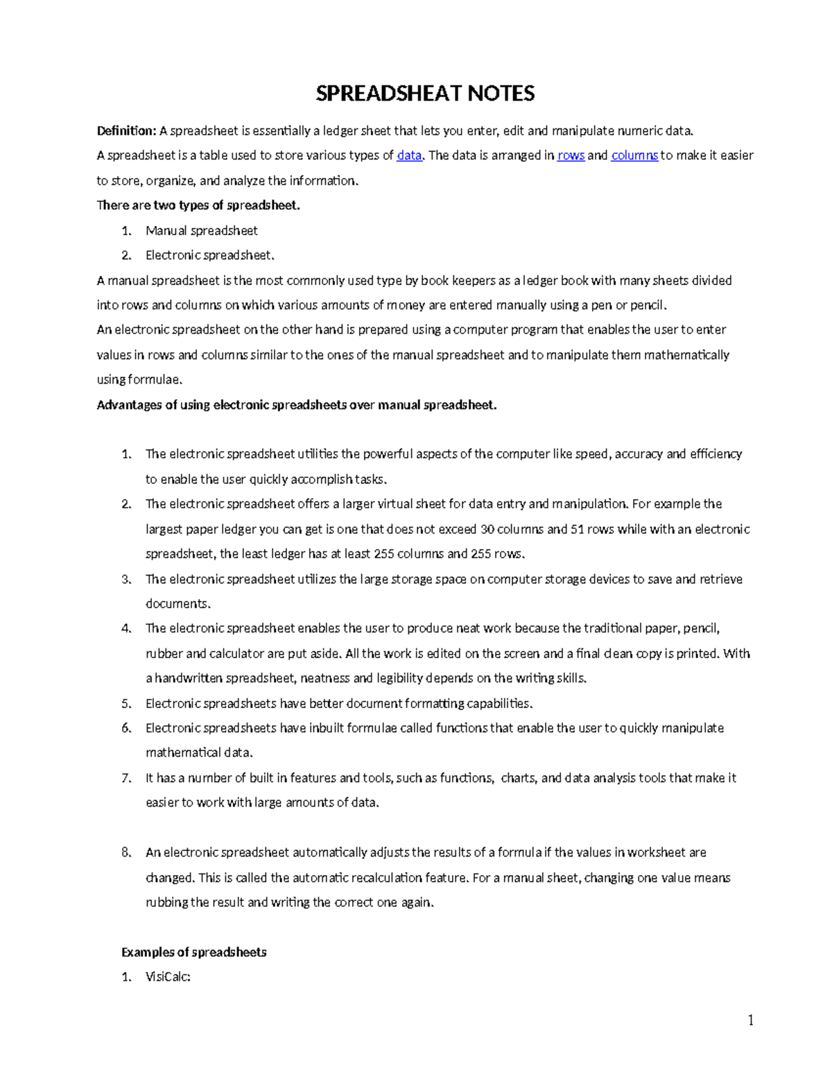 SPREADSHEET NOTES: Understanding Excel Basics and Functions - Studocu
