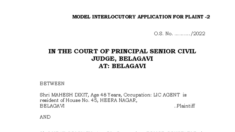 Model Interlocutory Application for Plaint O.S. No. 2 - Studocu