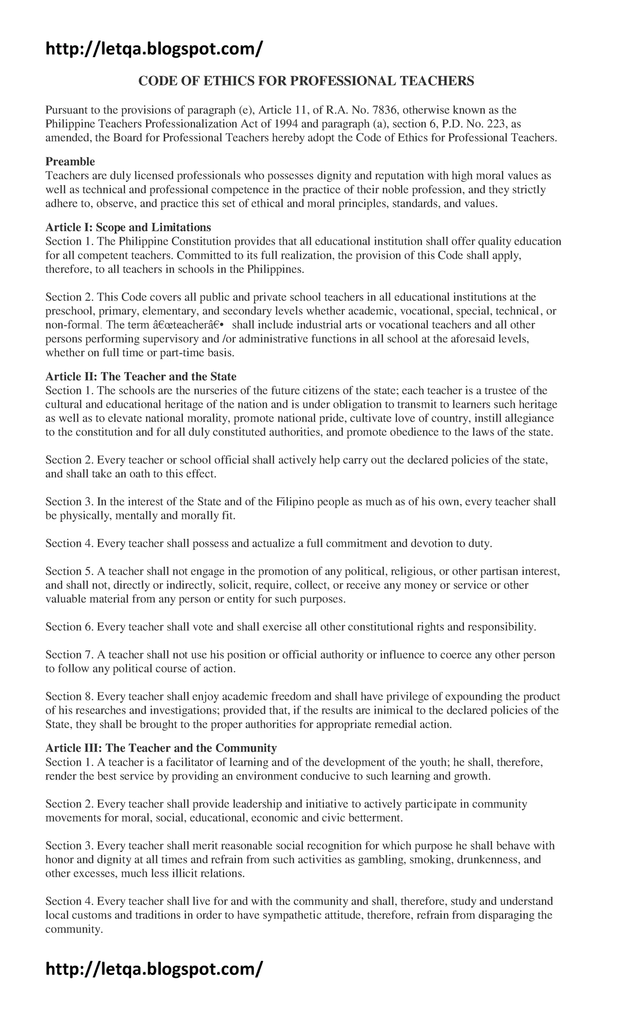 Code of ethics for professional teachers - Article II R No. 7836 ...