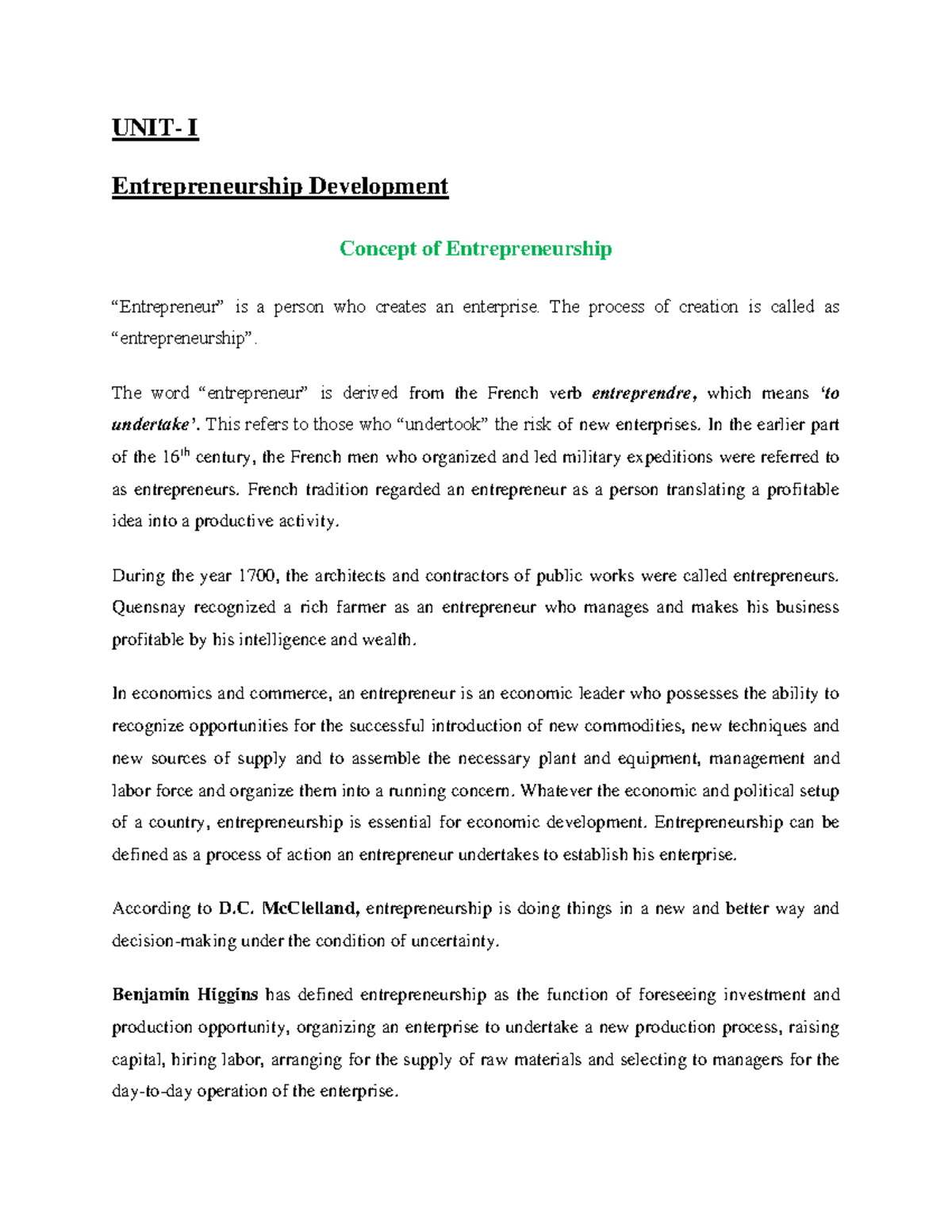 Unit 1 - notes - UNIT- I Entrepreneurship Development Concept of ...