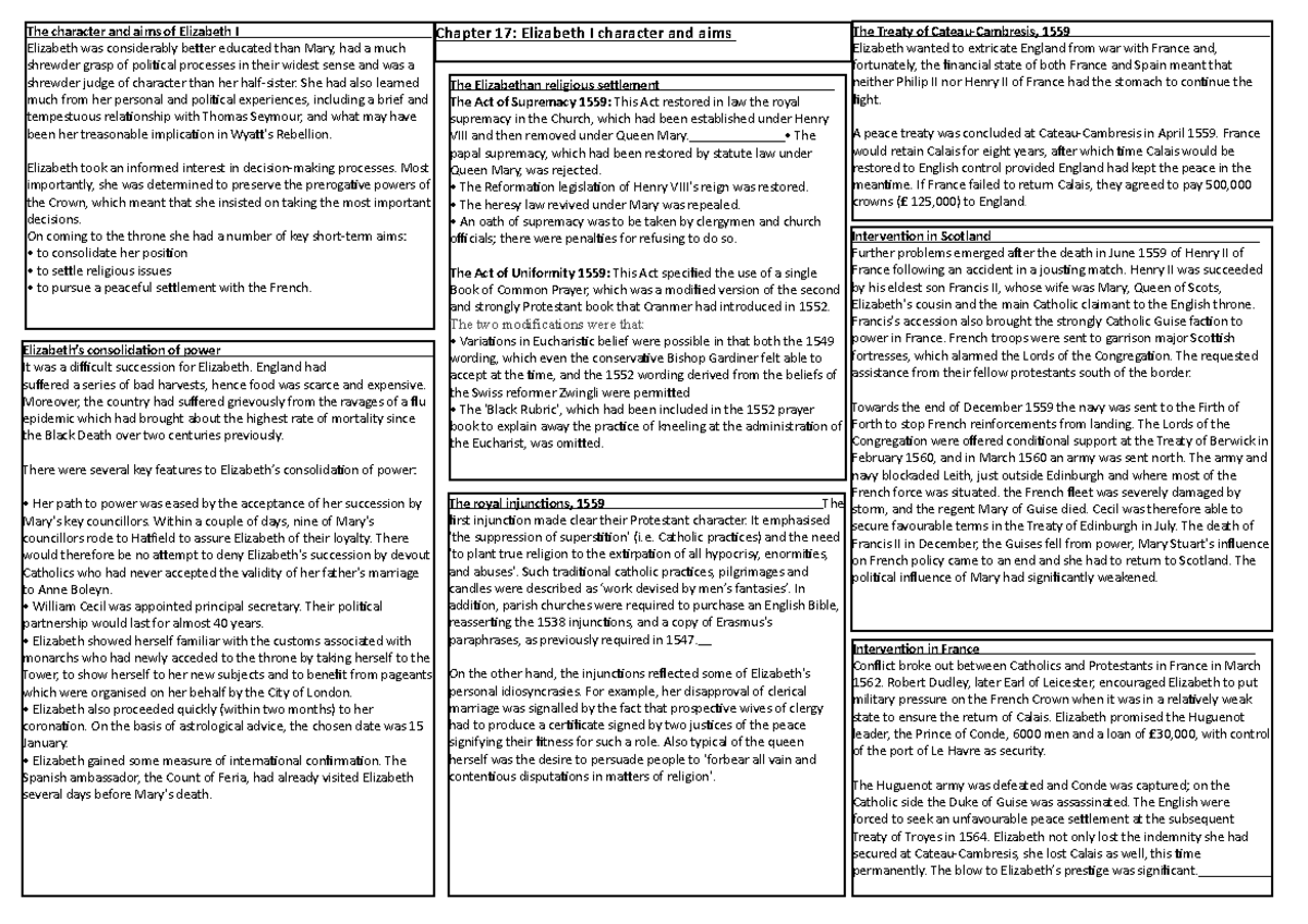 Chapter 17 Elizabeth I character and aims - The character and aims of ...
