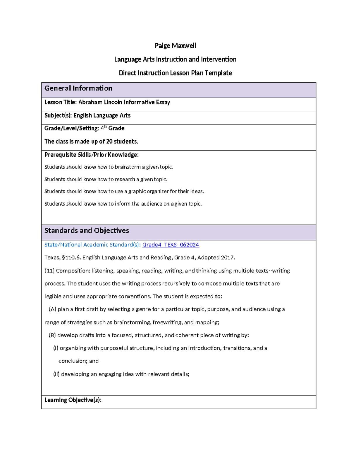 Language Arts intervention task 1 - Paige Maxwell Language Arts ...