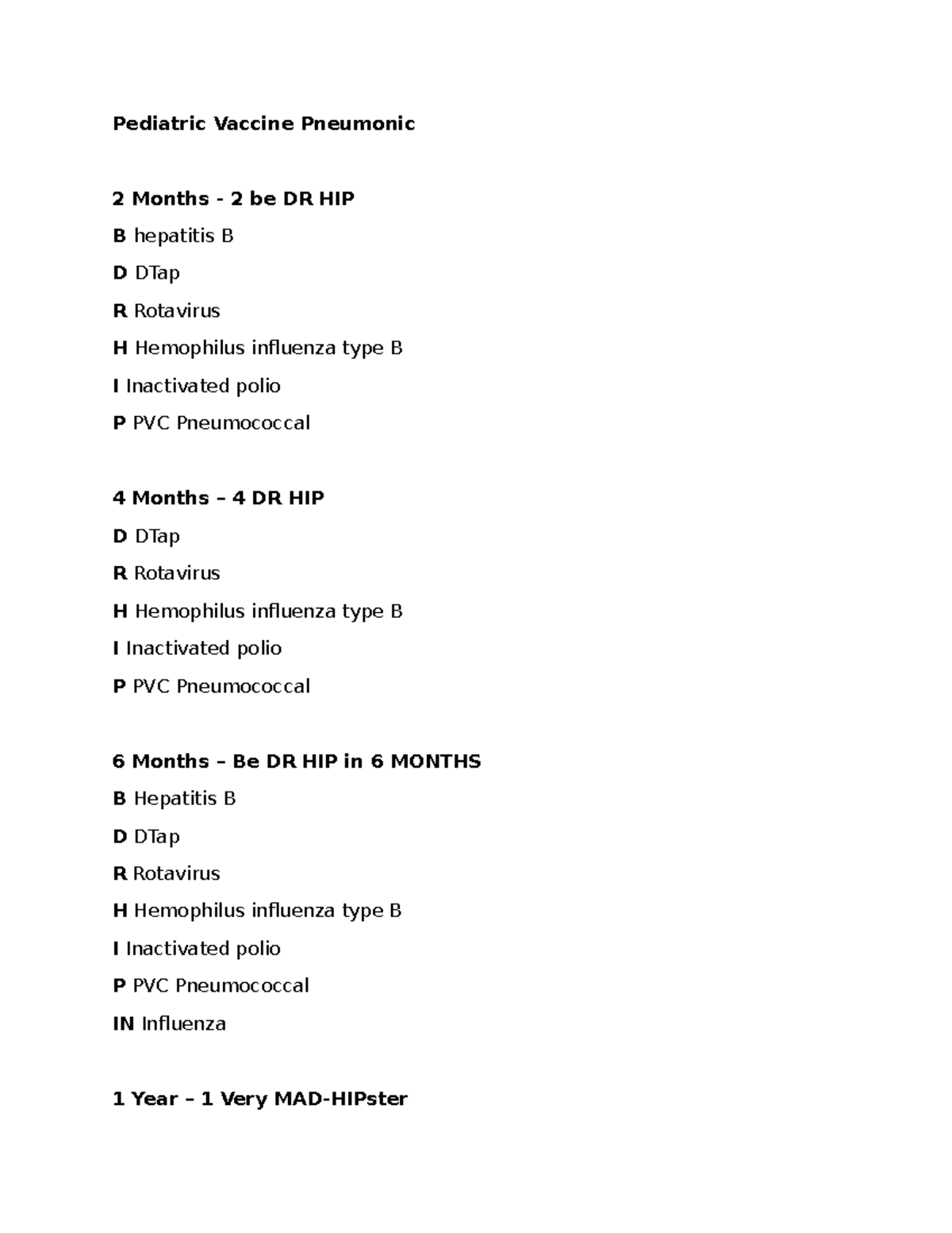 Pediatric Vaccine Pneumonic: DR HIP Schedule for 2, 4, and 6 Months ...