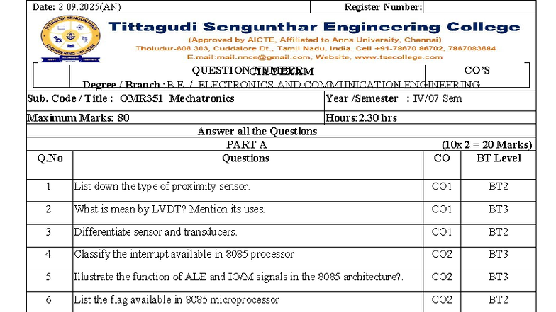 Mechatronics OMR351 Final Exam Questions & Answers Guide - Studocu