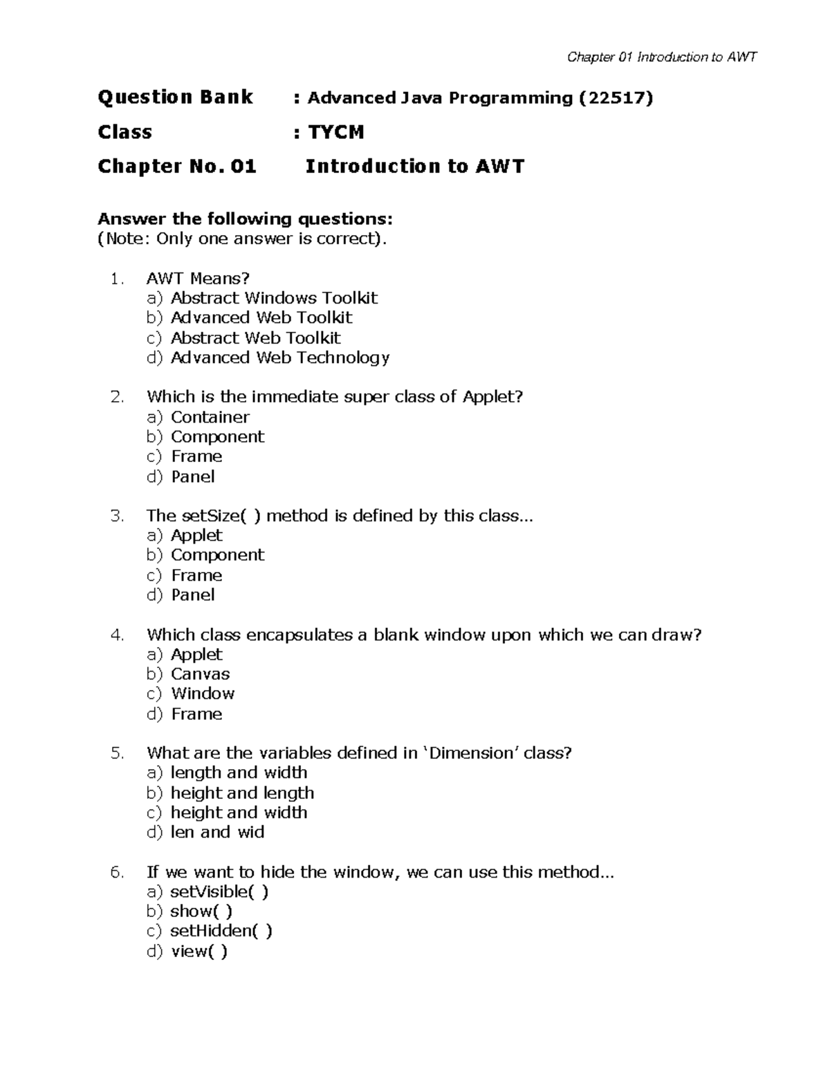 AJP MCQ ch1 - Java MCQ msbte - Question Bank : Advanced Java Programming (22517) Class : TYCM ...